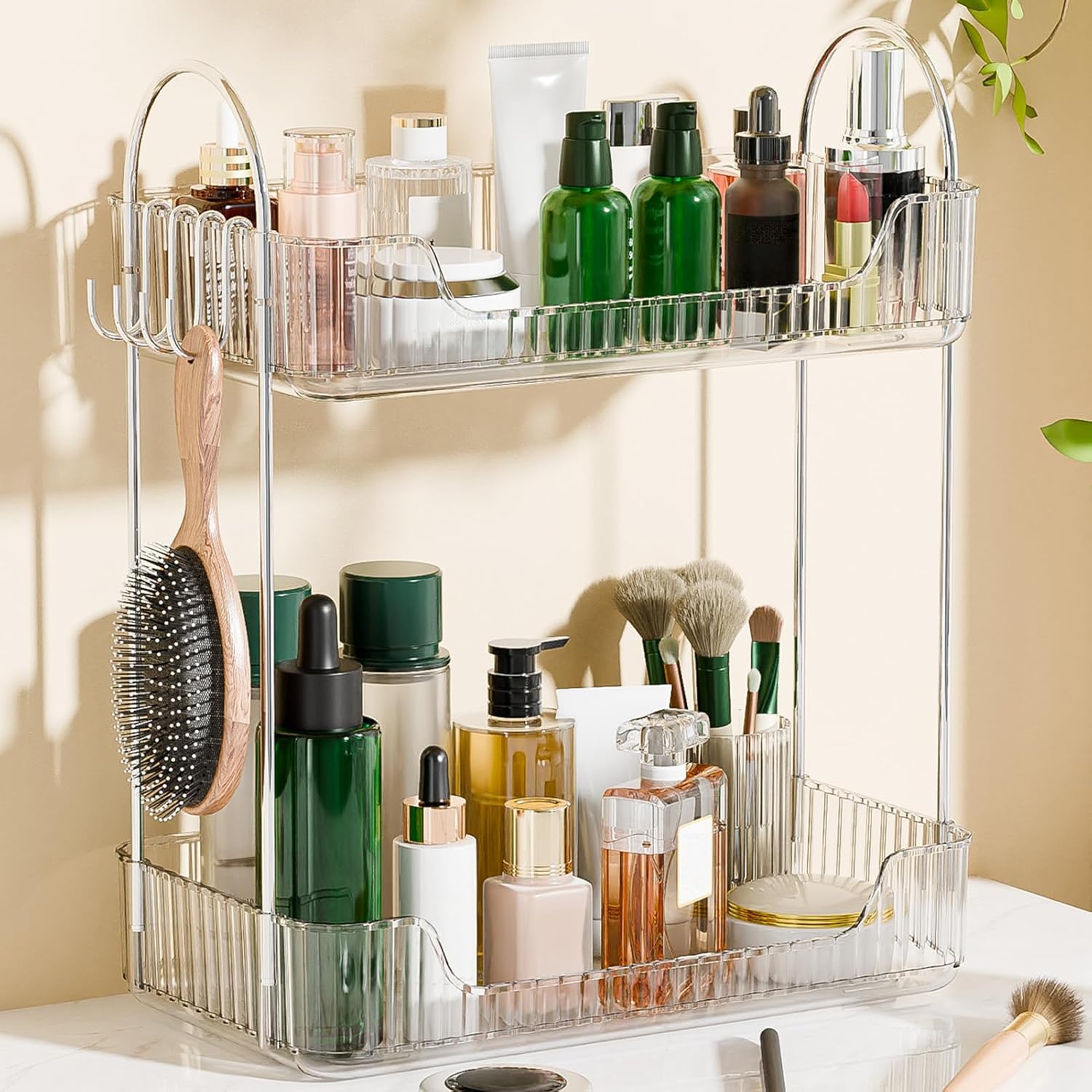 Kinkota 2 Tier Bathroom Organizer Countertop, Plastic Bathroom Counter Organizer, Vanity Tray Shelf Storage with Hooks, for Makeup/Kitchen Spice Rack, (Clear)