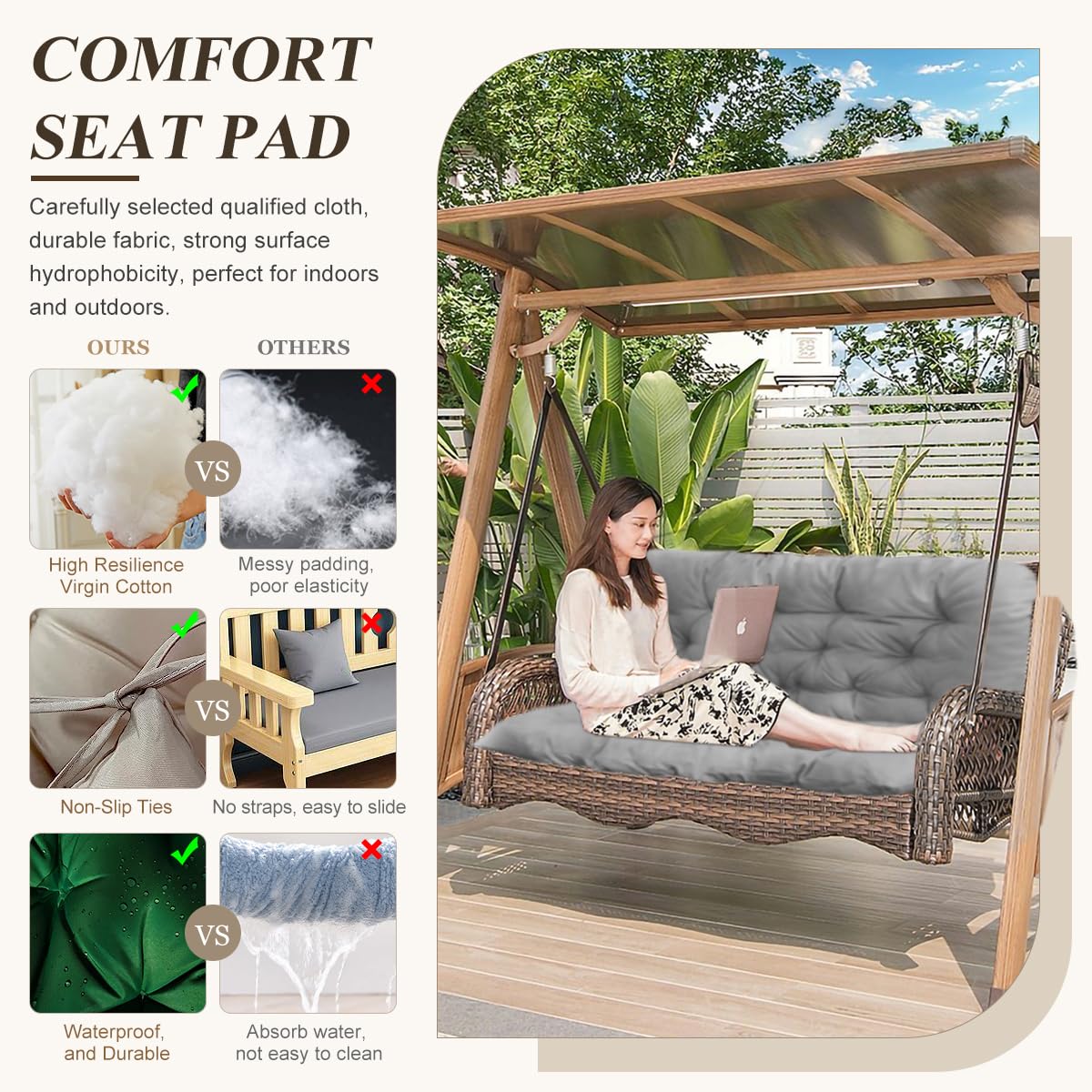 Outdoor/Indoor Swing Replacement Cushion, 2 or 3 Seats Bench Cushions with Backrest, Thicken 4" Recliner Seat Pad for Garden/Patio, Waterproof Premium Tufted Cushion with Ties(Light Grey-40x40x4in)