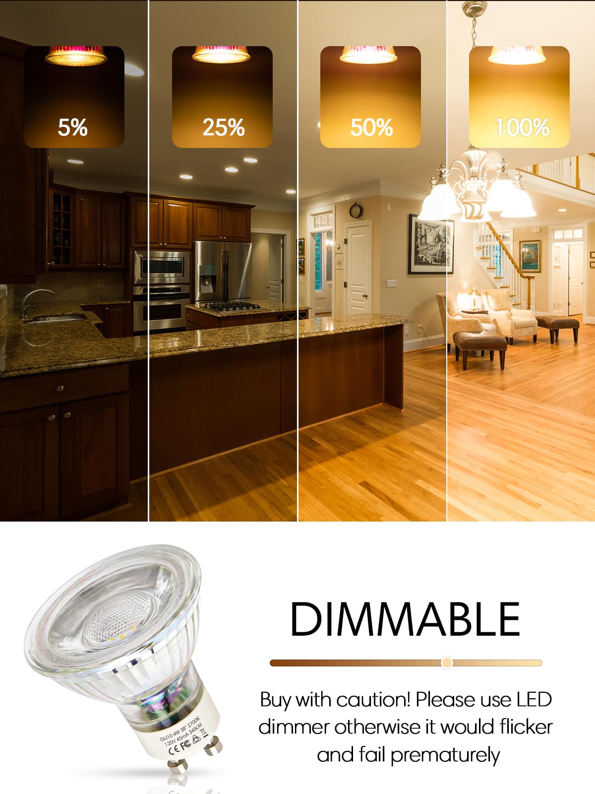 Levidon GU10 LED Bulbs Dimmable, Warm White 2700K, 4W LED Spotlight Bulb, 50W Halogen Equivalent, 120V 345 Lumen 38° Beam Angle, Pack of 6