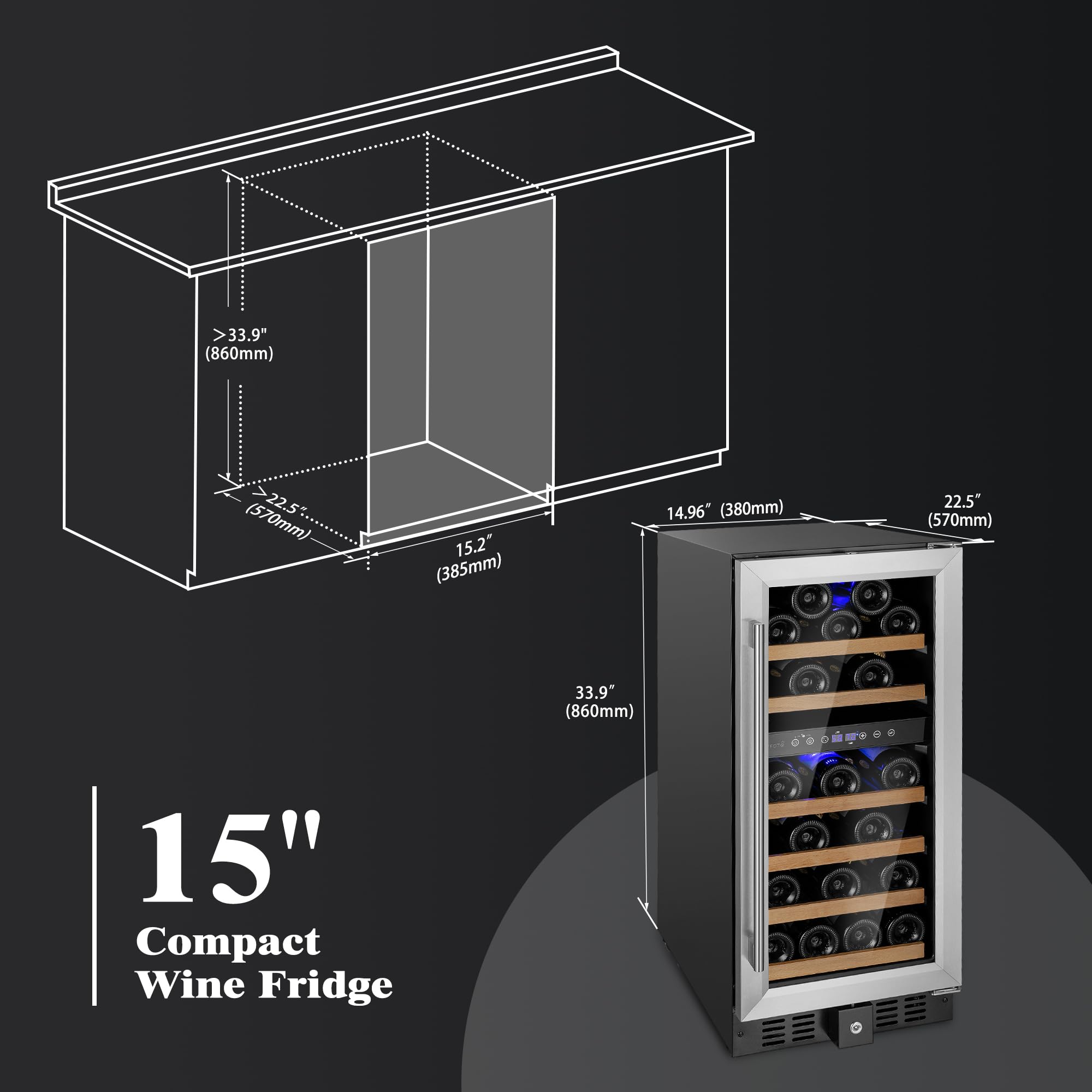 TRIFECTÉ Wine Cooler Refrigerator 15", 31 Bottles Dual Zone Wine Fridge, Built-in or Freestanding Small Wine Cellar with Compressor & Reversible Stainless Steel Tempered Glass Door