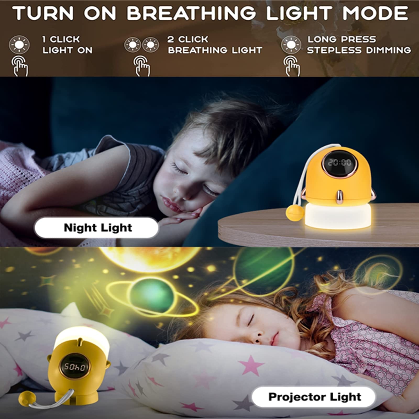 kathluce Cute Night Light for Kids Room, Nursery Lamp Rechargeable, LED Night Light for Baby Bedroom, Multifunctional Wake Up Start Light, Projector & Timer Clock, Birthday Gift (Yellow)