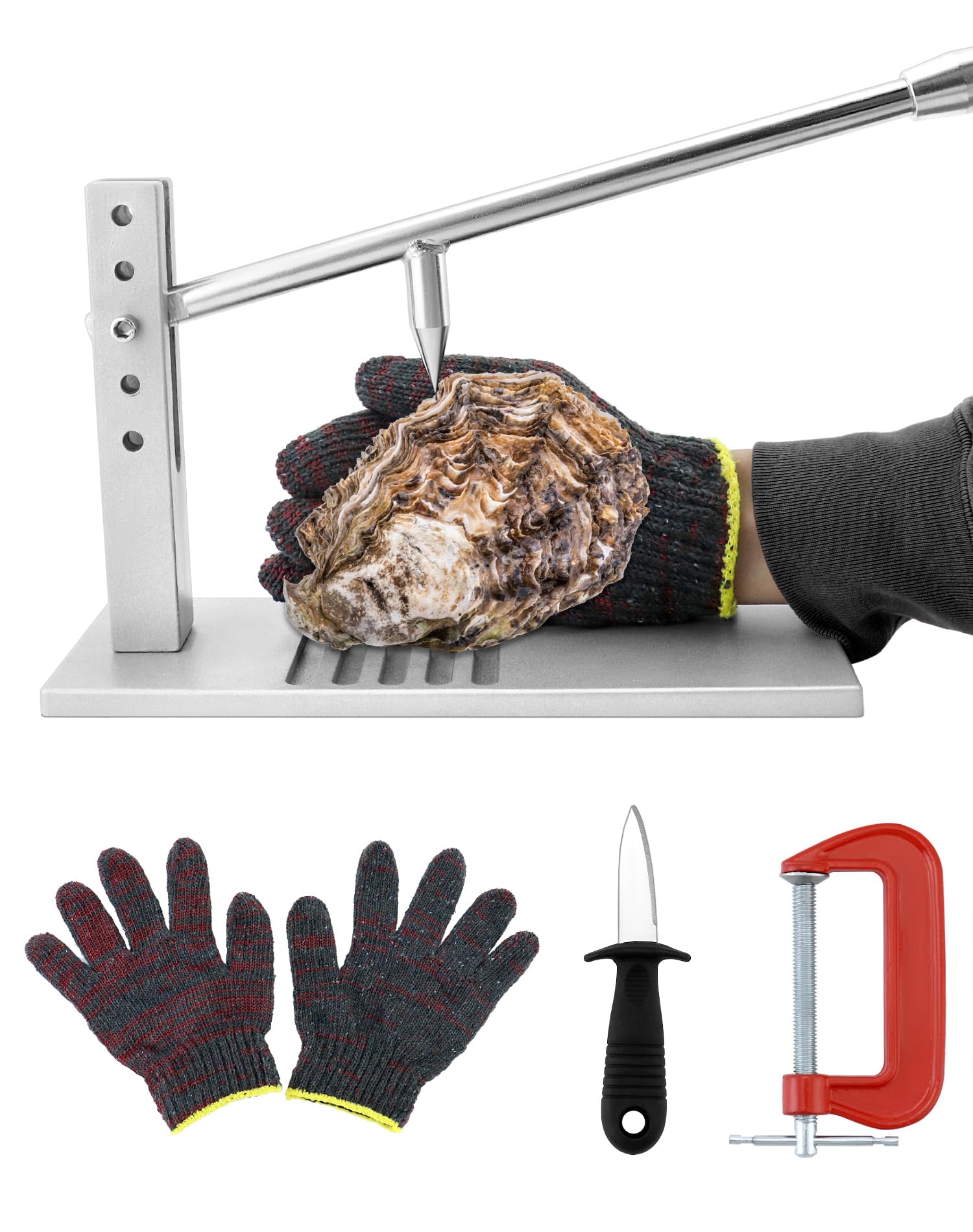 QWORK Oyster Shucker Machine Set - Oyster Shucker Tool, Adjustable Stainless Steel Oyster Opener Tool with Aluminum Alloy Base, Suction Cups, G-Clip, Knives, and Cut-Resistant Gloves