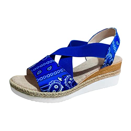 Ladies Fashion Cashew Flower Fabric Elastic Wedge Wedge Platform Fish Clear Heel Sandals for Women Size 11