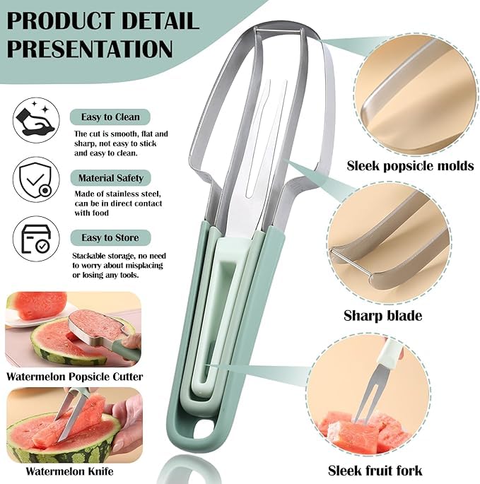 TROKKA 3-in-1 Watermelon Fork Slicer Cutter,Stainless Steel Watermelon Popsicle Cutter Watermelon Cutter Slicer Tool Melon Cutter Knife Portability Fruit Fork for Camping Kitchen Gadgets (Beige)