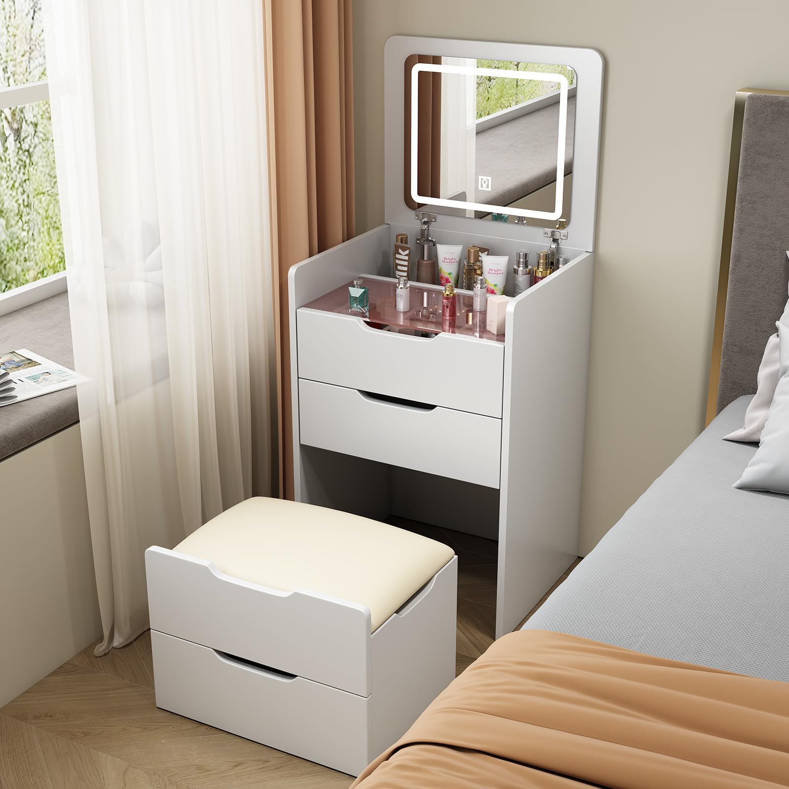 KissAir 3-in-1 Makeup Vanity Desk, Small Vanity Desk with Flip Top Mirror and Cushioned Stool, Dressing Table with 3 Drawers, Compact Vanity Set for Small Space (White)