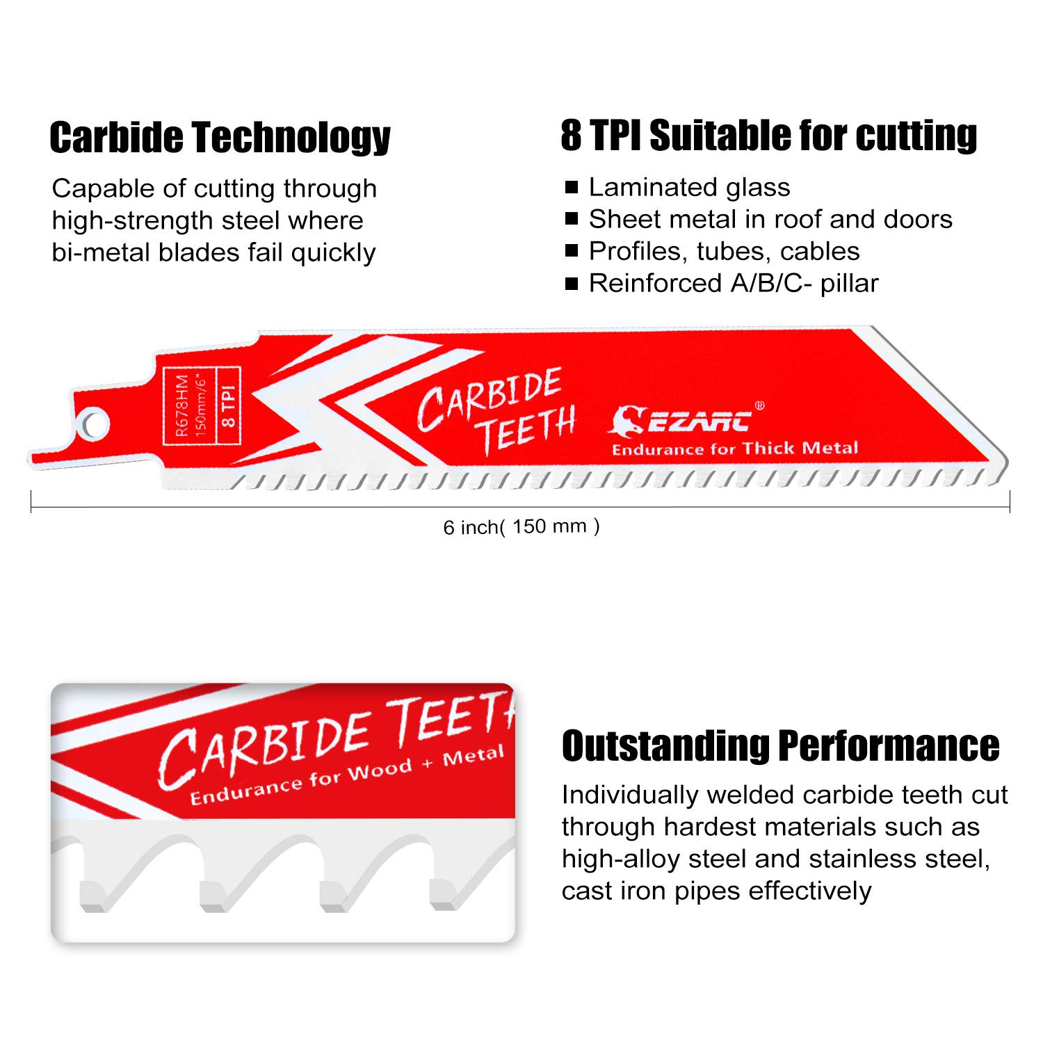 EZARC Carbide and Bi-Metal Reciprocating Saw Blade Endurance for Heavy Metal, Thick Metal, Cast Iron, Alloy Steel