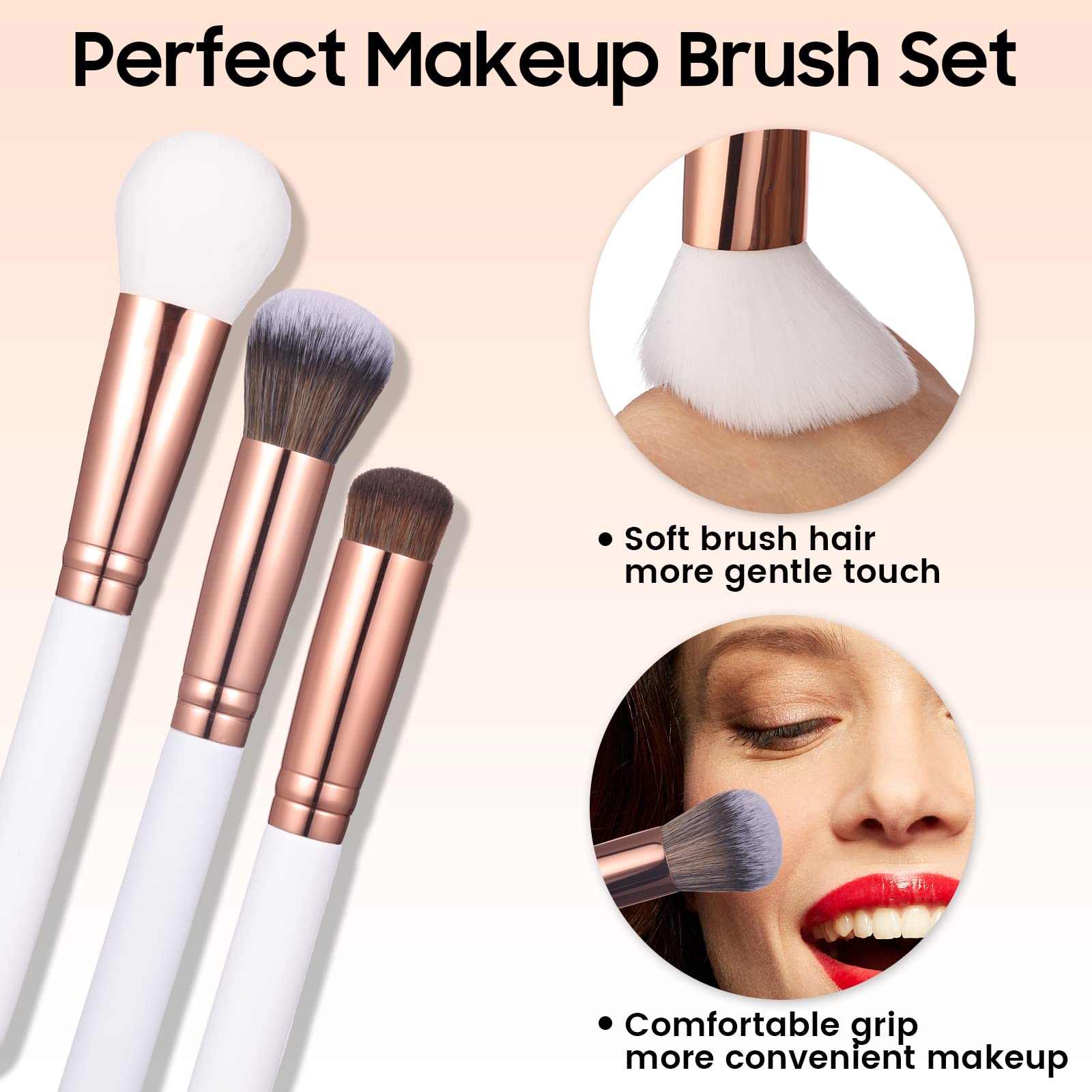 Makeup Brushes 3 Pcs Premium Synthetic Foundation Cosmetic Brush,Kabuki Blush Bronzer Face Brush Travel-Friendly Makeup Brush Set Makeup Kit for Foundation Blush Eyeshadow (White)