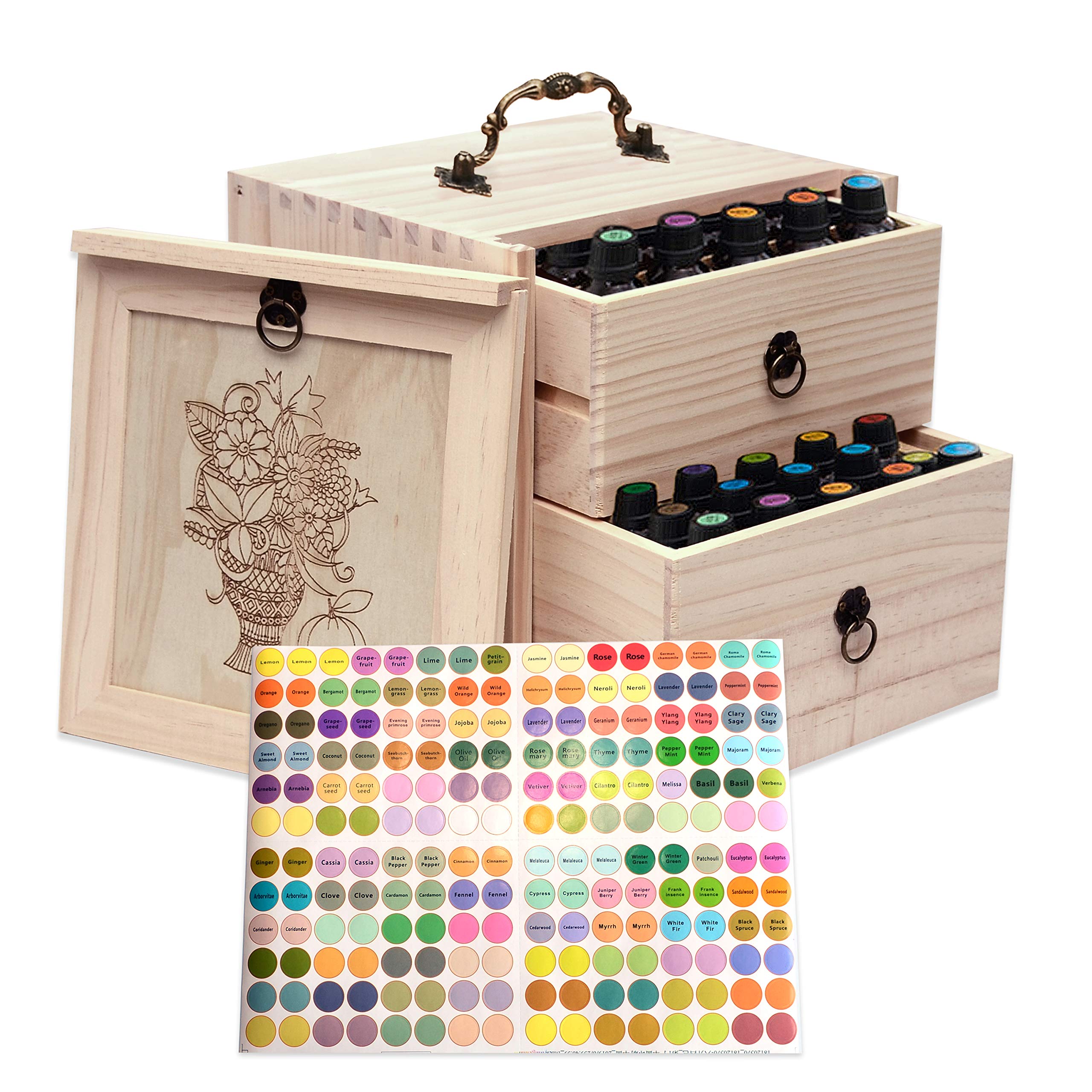 Essential Oil Storage Box for 40 Bottles -Removable Shelf Fits 5ml, 10ml, 15ml, 30ml Bottles, Wooden Nail Polish Organizer With Handle Holds, Free EO Labels, Natural Wood