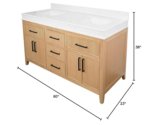 Kitchen Bath Collection Kensington 60-inch Double Bathroom Vanity (Engineered Marble/Blonde): Includes Blonde Cabinet with Engineered Marble Countertop and White Ceramic Sinks