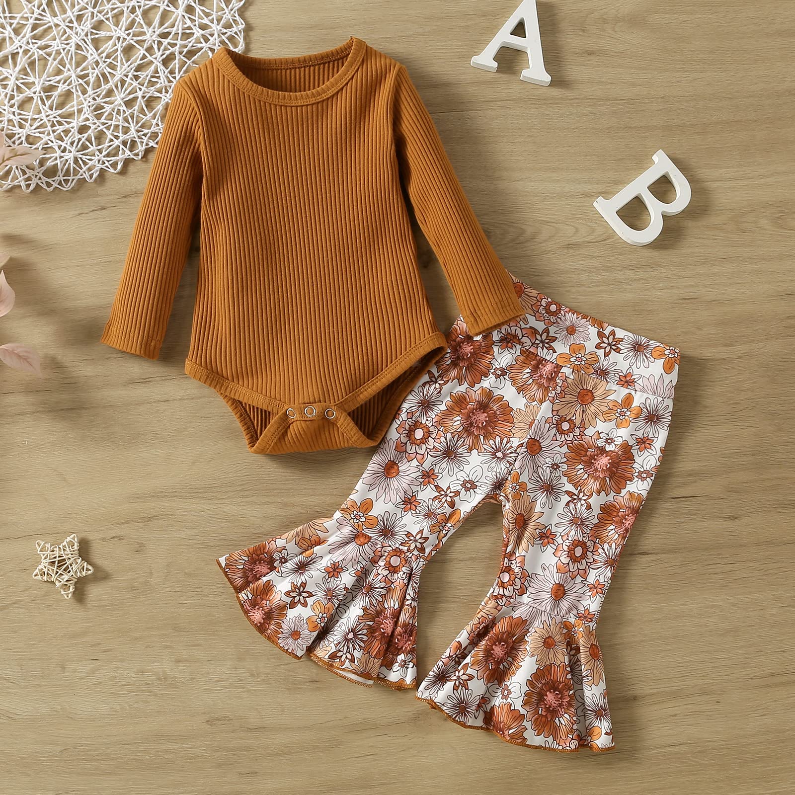 Infant Baby Girl Clothes Knitted Ruffle Long Sleeve Romper Bodysuit Tops Flared Bell Bottom Pants Leggings Fall Outfits (Brown, 6-12 Months)
