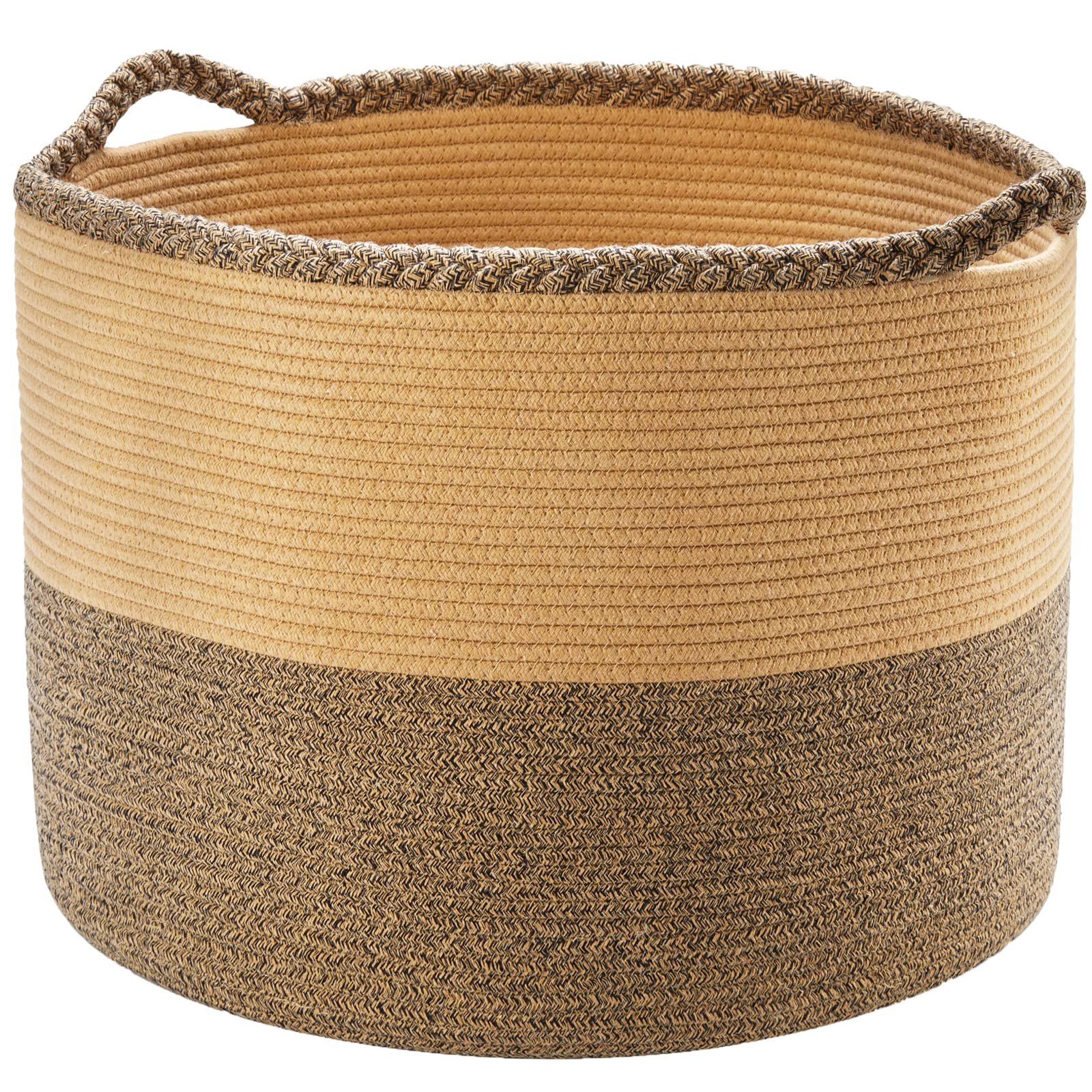 Turnextte Cotton Rope Basket, 22'' X16'' Super Large Blanket Storage Basket, Large Woven Laundry Basket with Reinforced Handles, Blanket Basket Living Room, Black and Brown