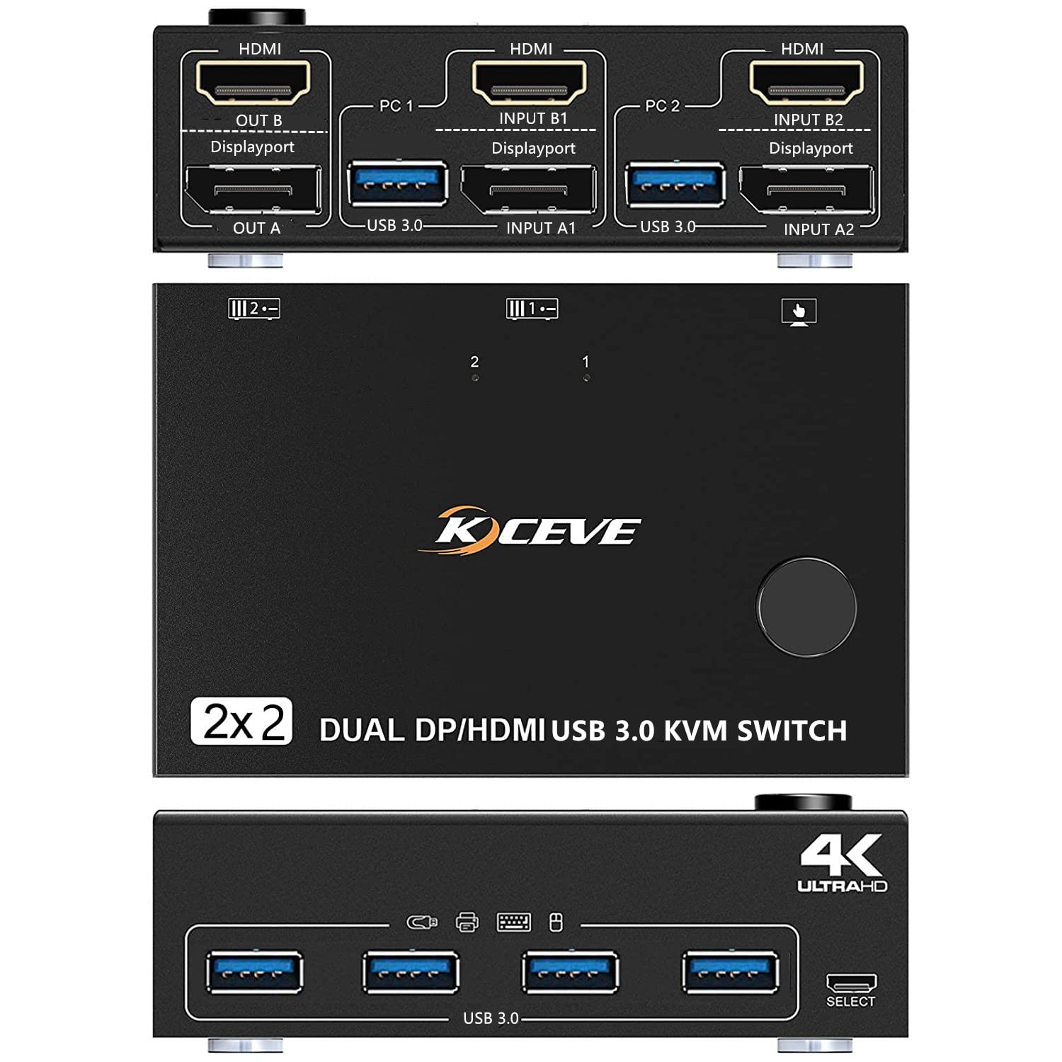 KCEVE DP HDMI USB 3.0 KVM Switch 2 Computer 2 Monitors, Dual Monitors Displayport KVM Switcher Supports 4K@60Hz for 2 Computers Share Keyboard, Mouse and Monitor