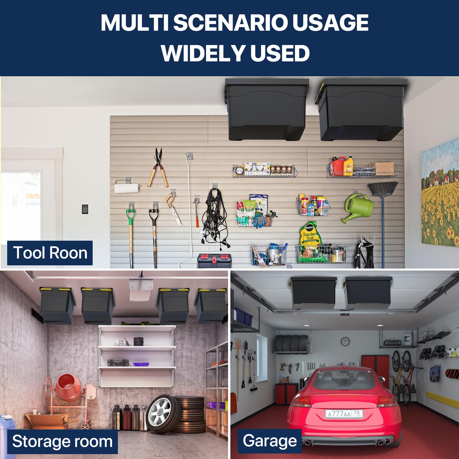 Overhead Garage Storage Racks for Utility Bins,Heavy Duty Garage Ceiling Storage Racks,Storage Bin Ceiling Rack System,Tote Storage Rails,Storage Bin Ceiling Rack System,Great Space Saver 3 Bins