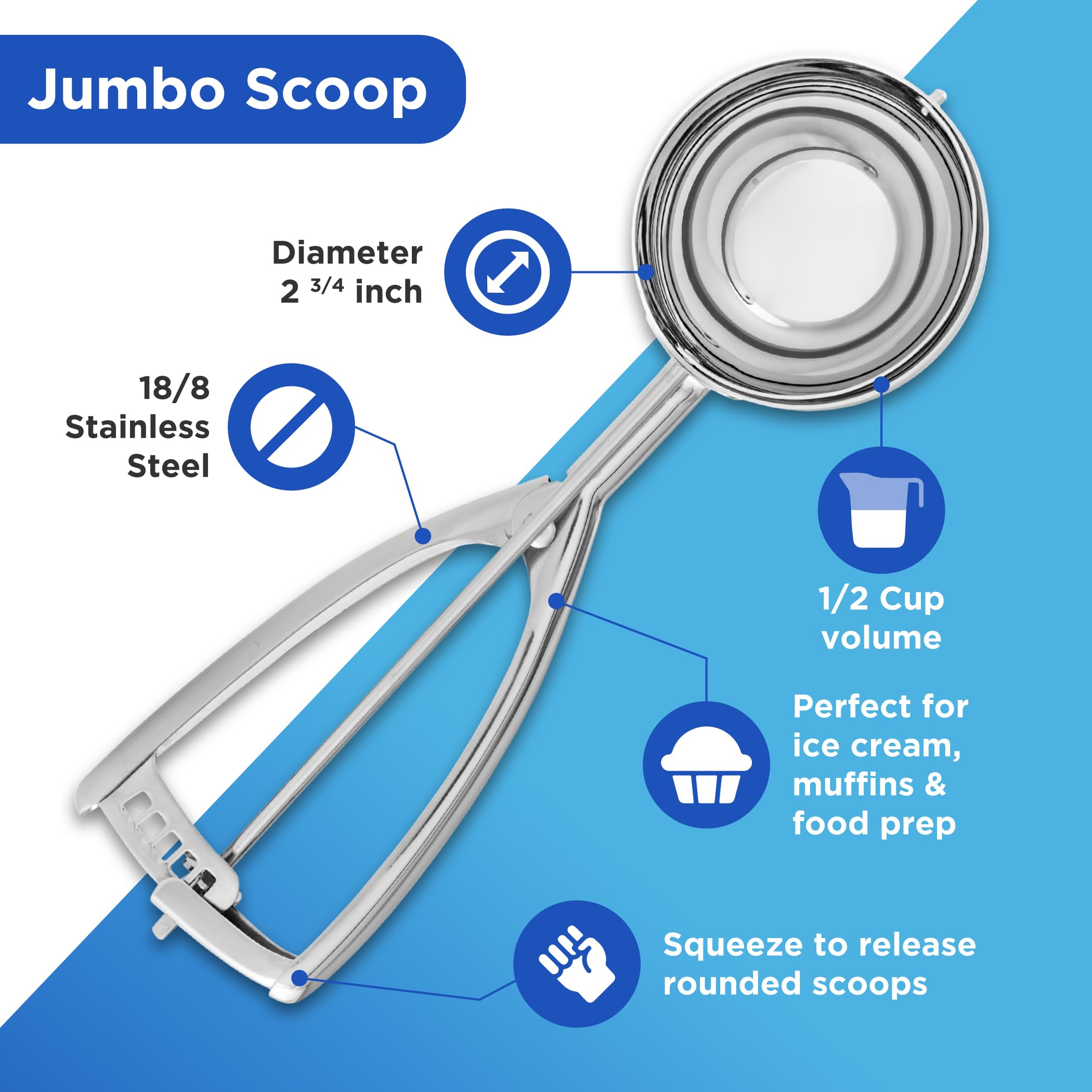 Jenaluca Jumbo Ice Cream Scoop - Cupcake Scoop and Muffin Scoop - Jumbo sized 18/8 Stainless Steel - #8 - ½ cup ice cream batter and portion scooper