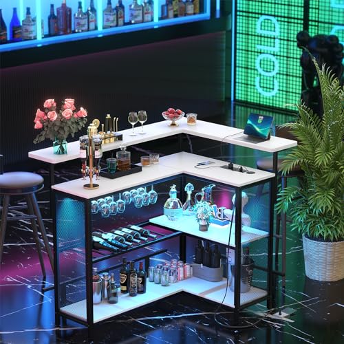 Hyomdeck L Shaped Home Bar Unit with Power Outlet & LED Light, Corner Bar Cabinet with Footrest, Wine Bar Cabinet with Glass Holder and Liquor Rack, Bar Table for Dining Room, Kitchen, Basement, White