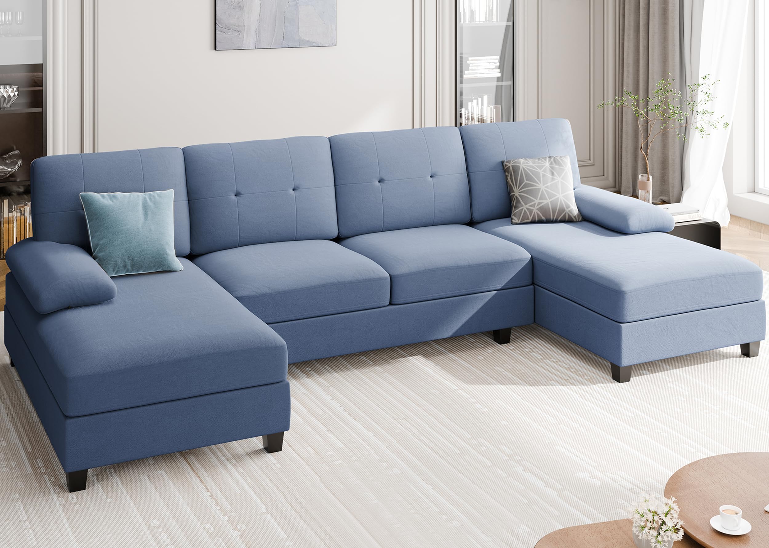 Meilocar Sectional Couches for Living Room, 4 Seat Sofa Set U Shaped Couch with Wide Double Chaise, 106in Modern Sofa Fabric Large Couch with Oversized Seats (Blue)