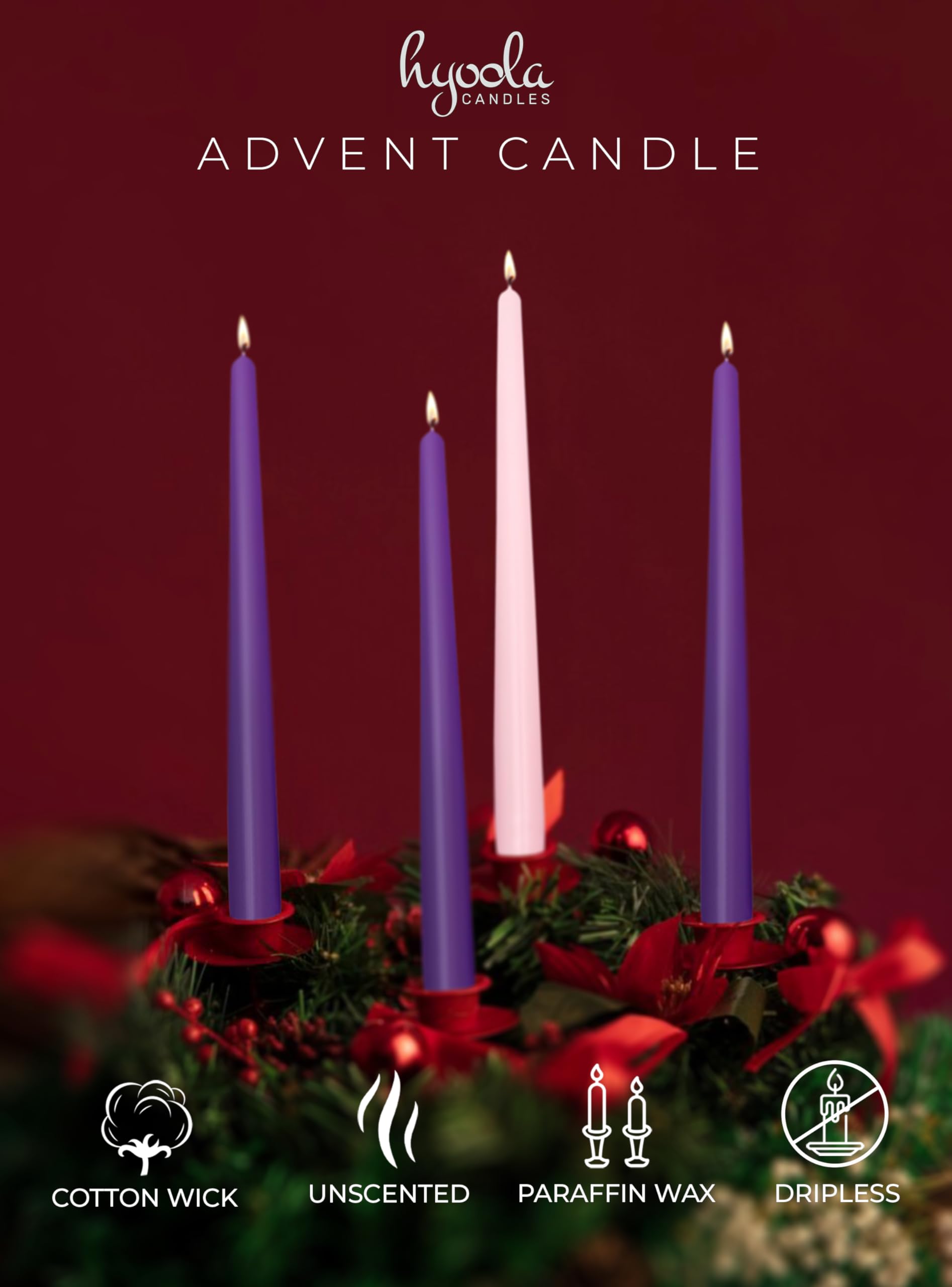 Hyoola Tall Taper Candles - 10 Inch White Unscented Dripless Taper Candles - 8 Hour Burn Time - 4 Pack