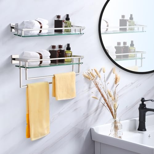 LANC Chrome Bathroom Shelf Glass Shelves 20-Inch Floating Tempered Glass Shelf Rectangular Stainless Steel Wall Mounted Silver Polished Shelves for Bathroom Kitchen Organizers Accessories,A7613CP