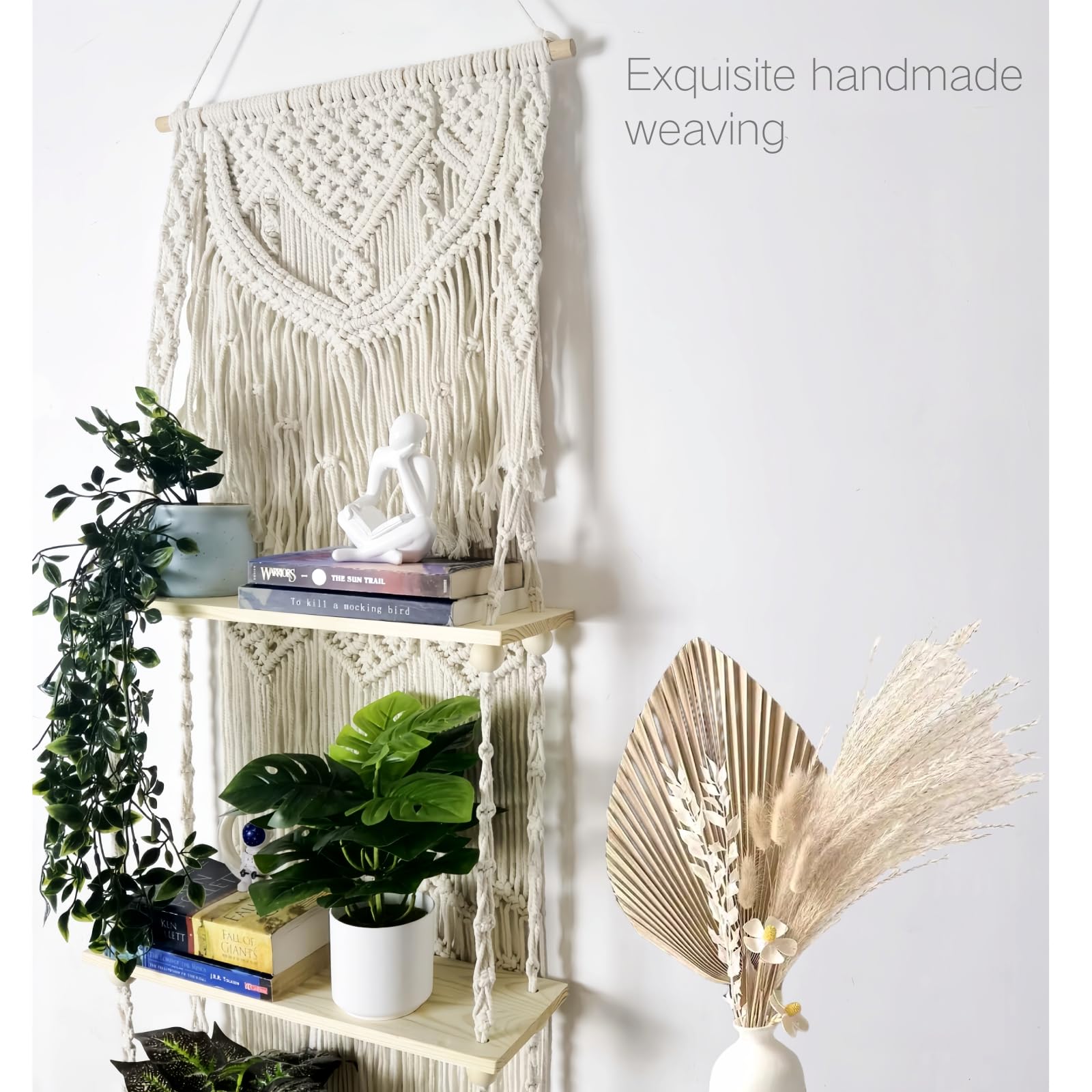 MELLAQUEST Macrame Wall Hanging Shelf - 2 Tier Boho Shelves with Woven Rope Handmade Floating Plant Shelf, Bohemian Home Decor,Shelf Organizer for Kitchen, Living Room,Bedroom,Bathroom(17.7" x 42.5")