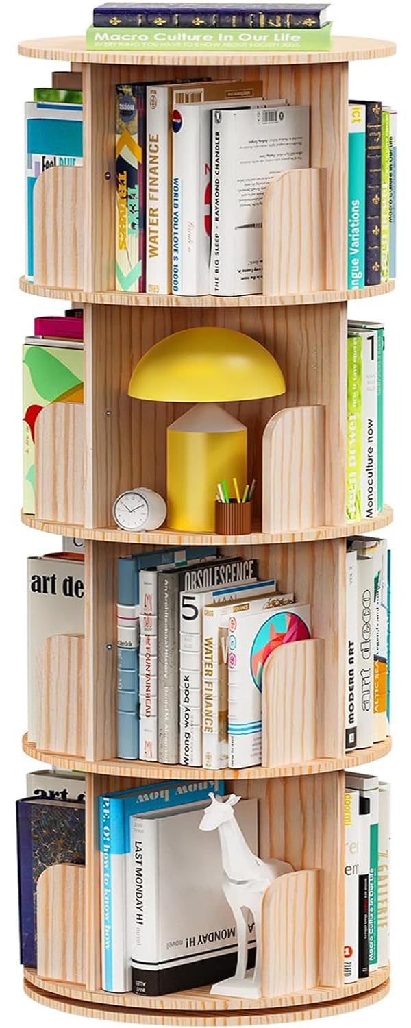 Moozerka Rotating Bookshelf, 4 Tier 360 Display Solid Wood Spinning Bookcase Storage Rack, Floor Standing Revolving Book Shelf Organizer for Adults&Kids