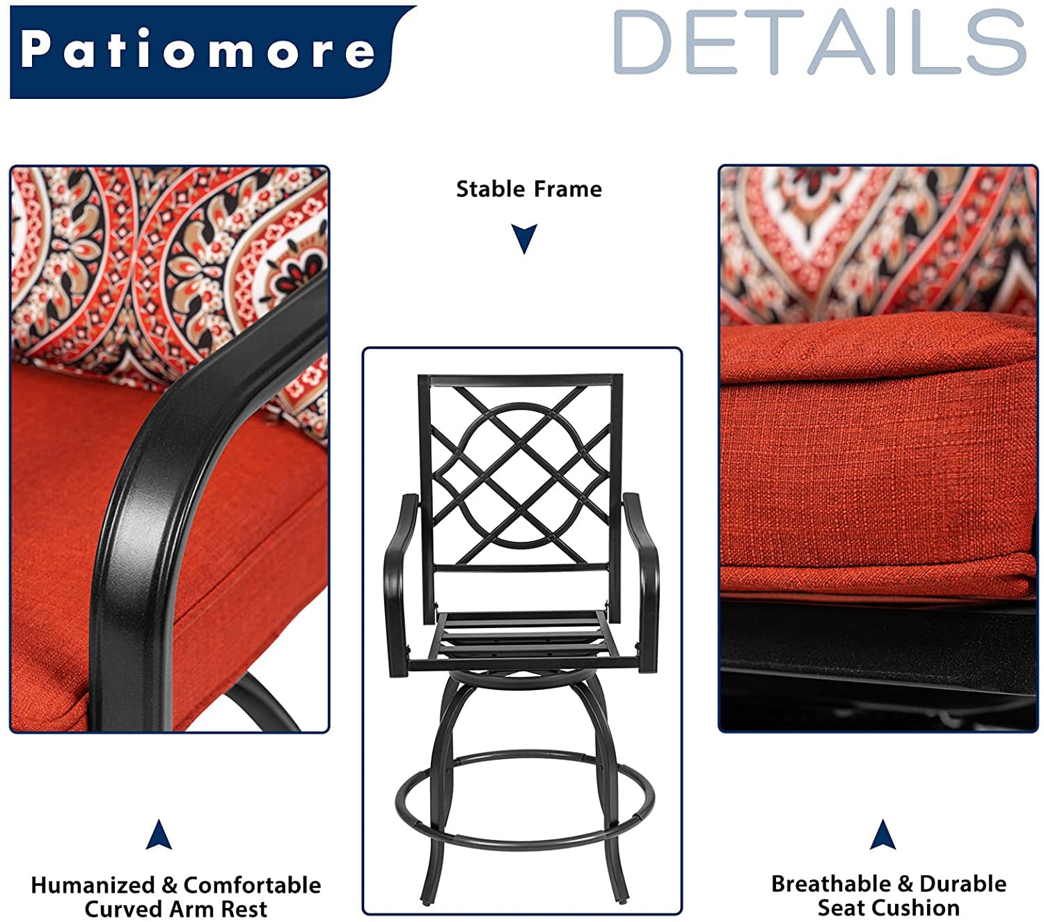 Patiomore Patio Swivel Bar Stools, Outdoor Bar Height Bistro Chairs Set of 2, Metal Iron Frame with Seat Cushions, Red