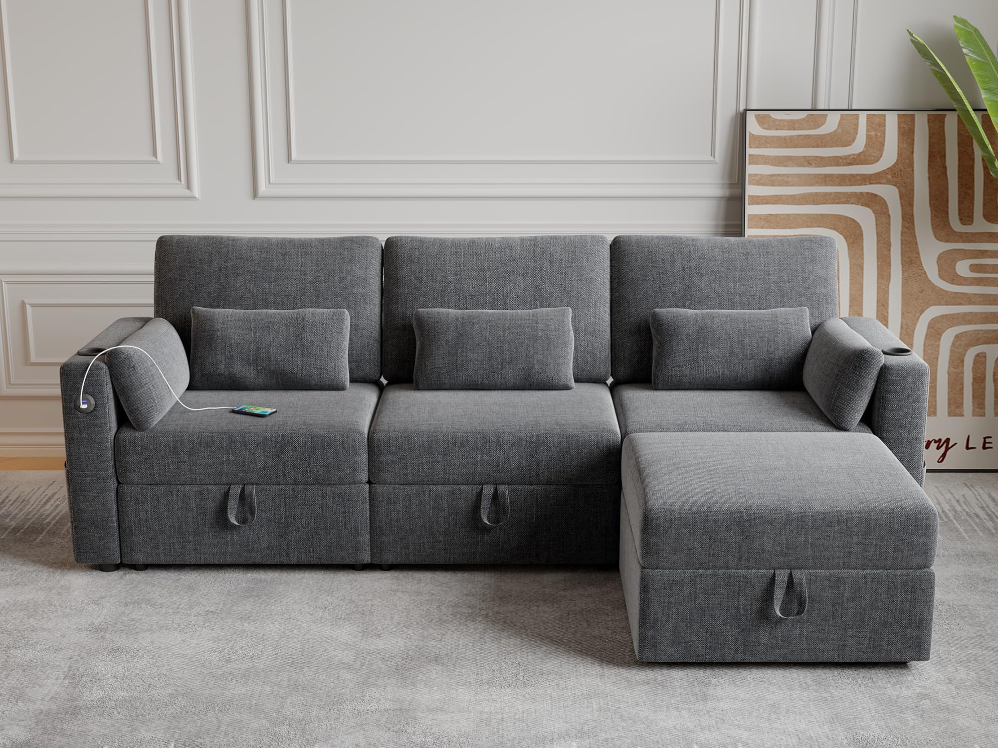ISHUHL Modular Sectional Sofa with Storage, U Shaped Sectional Sofa with Chaise & Ottomans, Convertible 6 Seat Couch for Living Room with High Supportive Waist Pillow and Cup Holder