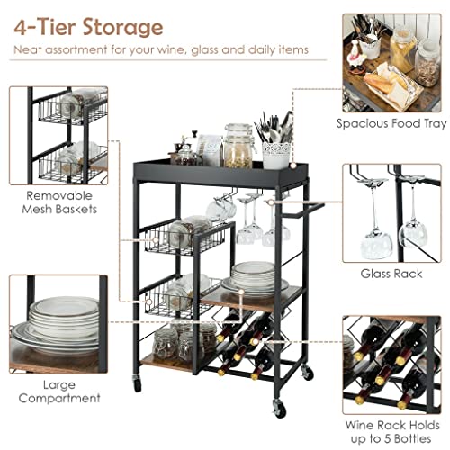 N/A Serving Cart Metal Frame Rolling 4-Tier Kitchen Bar Cart Rolling Wine Rack Removable Tray Basket