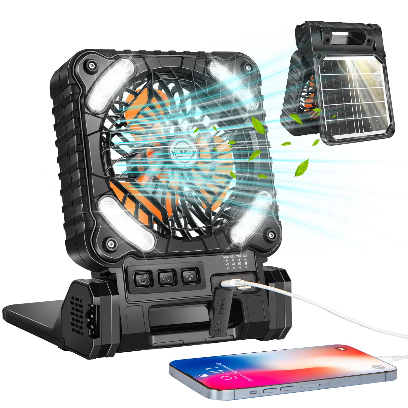 hYwecy 10000mAh Solar& Type-C Charging Camping Fan,4 Speeds Powerful Wind with LED Lantern,Cordless Desk Portable Fan with 3 Timer & PowerBank for Travel Tent Worksite