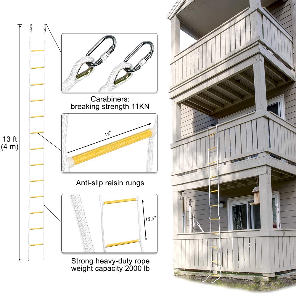 ISOP Flame Resistant Emergency Rope Ladder 13 ft with Spring Hooks and Universal Cabinet for Emergeny Equpment Fire Ladder, Fire Evacuation Set or Rescue Survival Kit