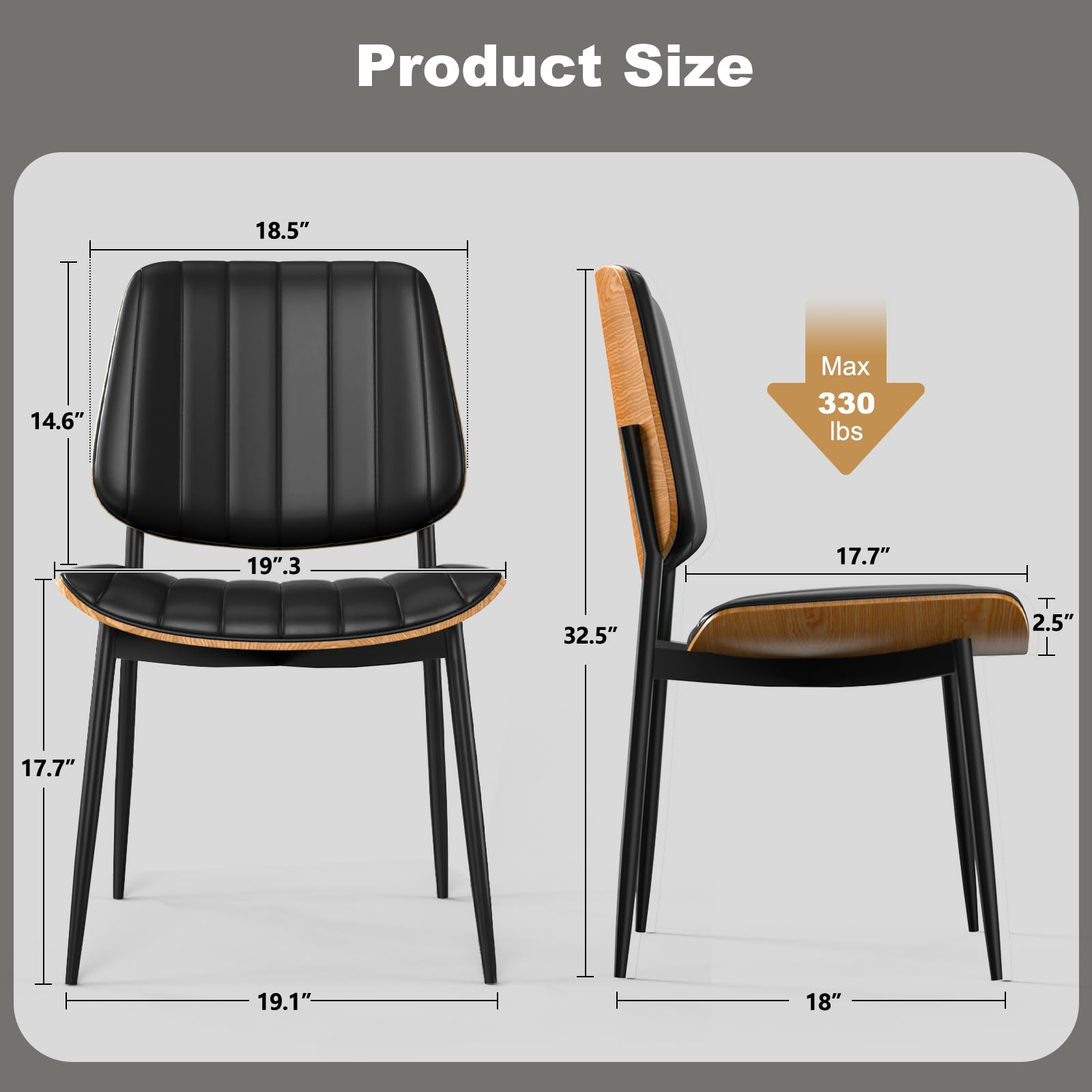 Madaha Dining Chairs Set of 4, Mid Century Modern Chairs with Stitching and Metal Legs, Leather Dining Room Chairs Bentwood Upholstered Kitchen & Dining Room Chairs, Black