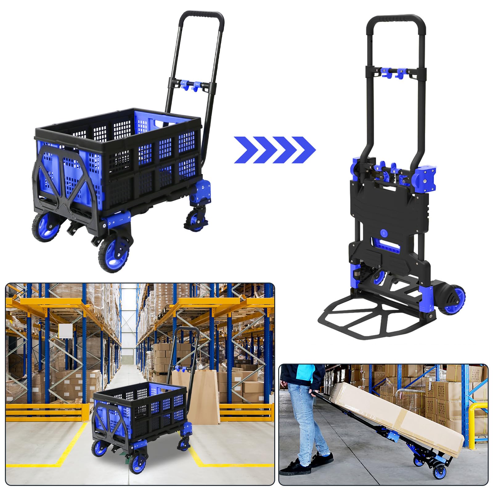 Oyoest 2 in 1 Folding Hand Truck with Folding Basket,Heavy Duty Hand Truck Dolly 330lbs Capacity with Telescoping Handle and Rubber Wheels,Portable Dolly Cart with Bungee Cords for Moving