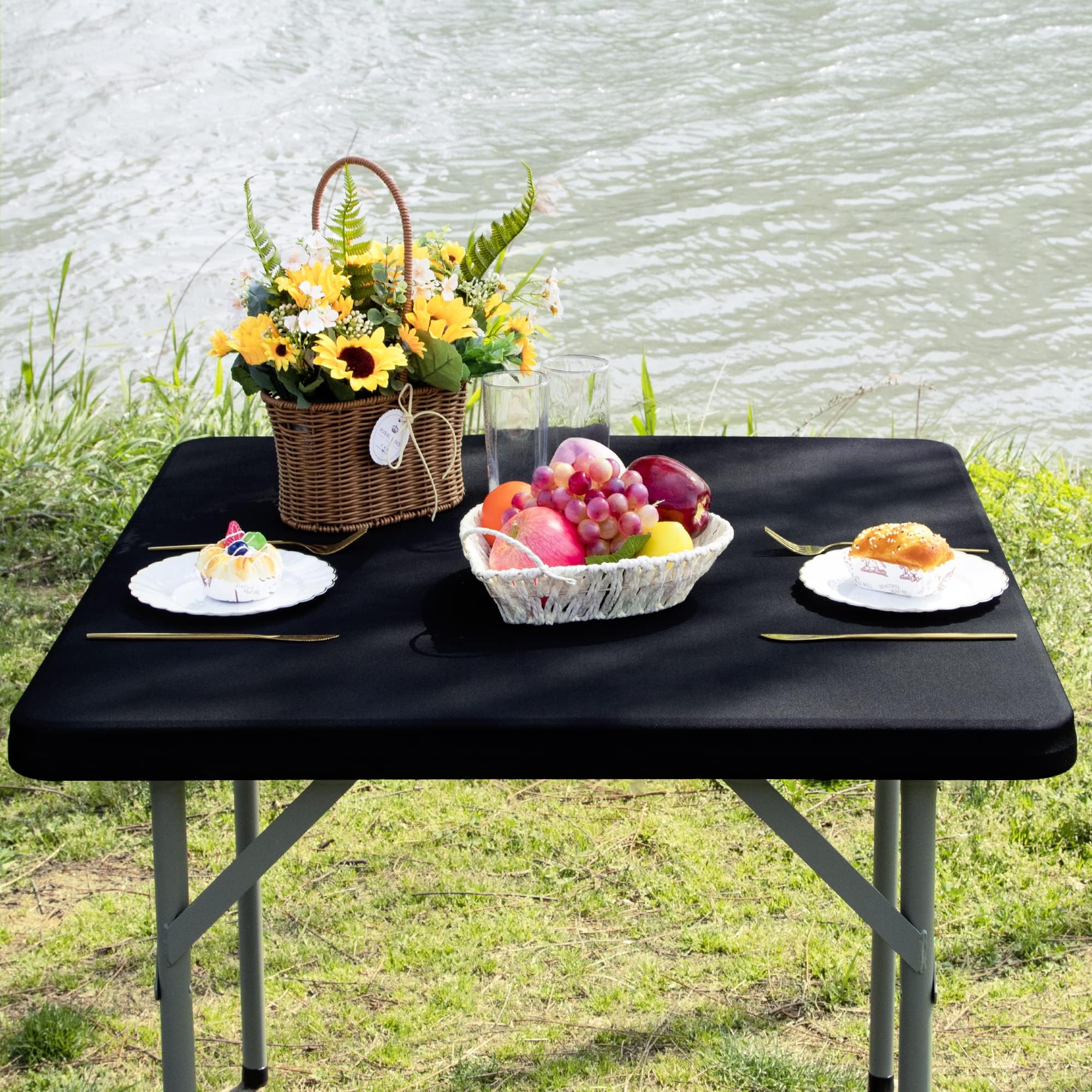 Nacuci Square Fitted Table Cover Elastic Tablecloth Stretch Spandex Table Top Cover Table Topper Cap for Dining Kitchen Home Party Black 34X34 Inch