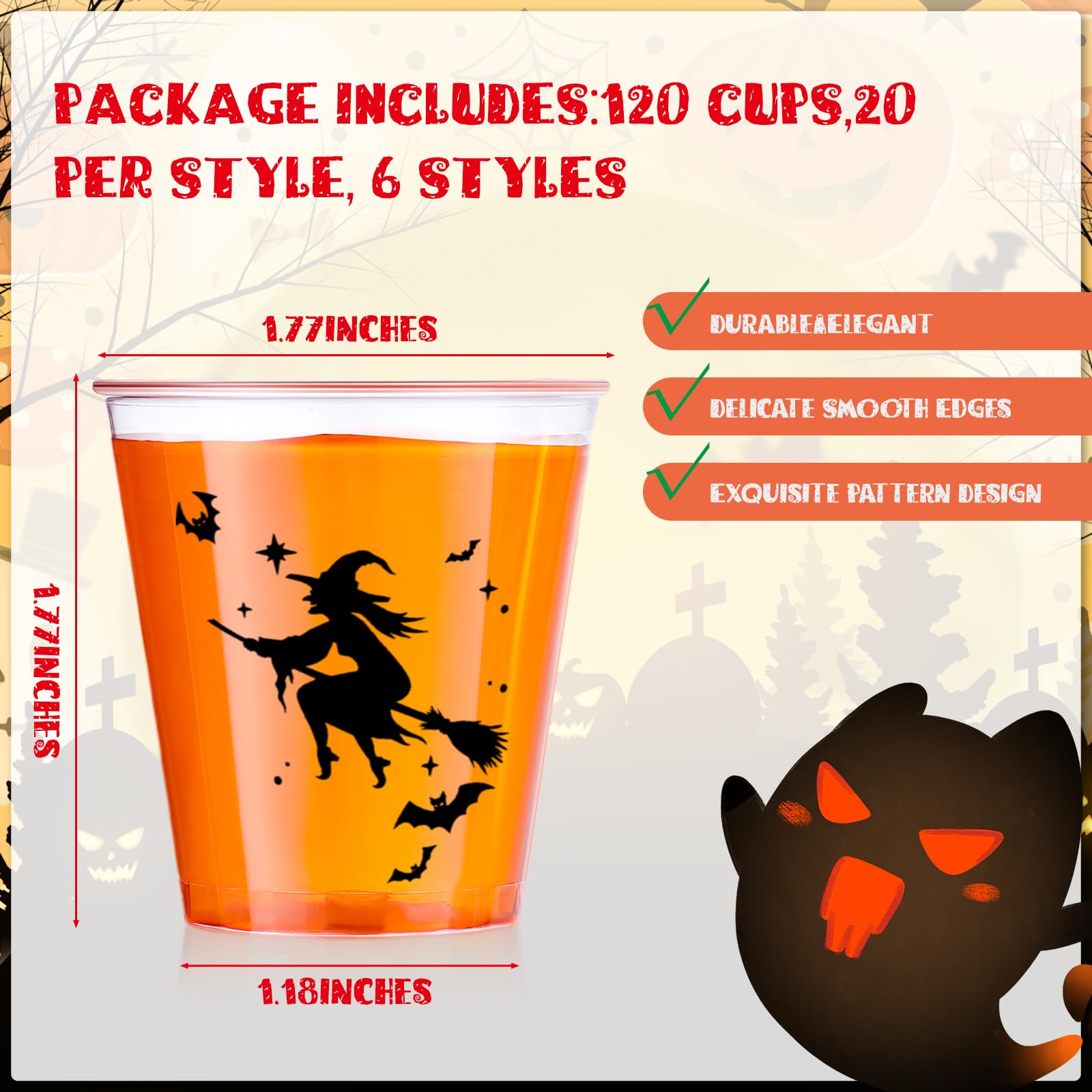 Roshtia 120 Pieces Halloween Plastic Shot Glasses Disposable Cups 2oz Pumpkin Ghost Witch Bat Printed Plastic Cups for Halloween Party Supplies Beverage Ice Cream Snacks Candy Favors, 6 Styles