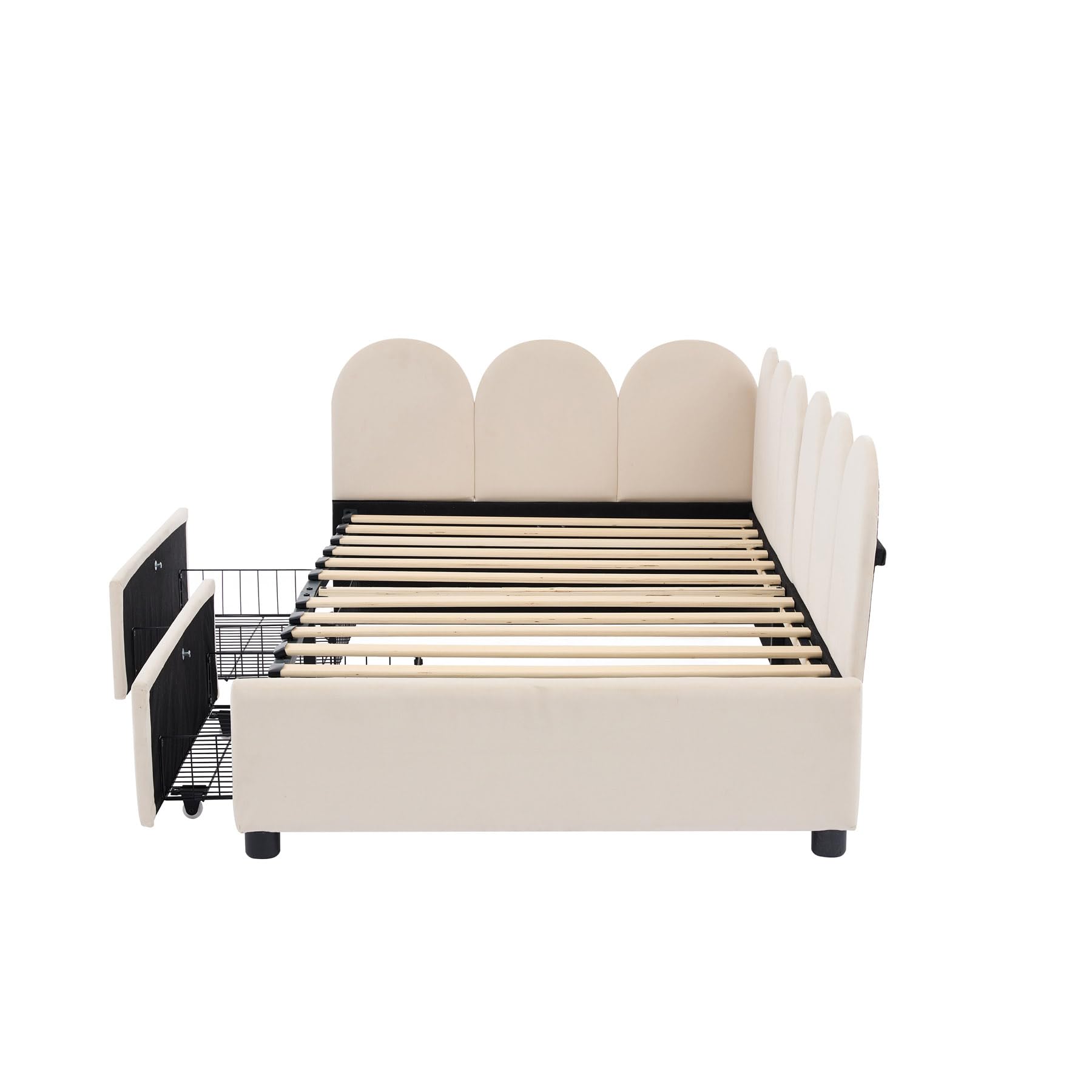 Nahenduo Twin Size Velvet Daybed with 2 Storage Drawers, Upholstered Corner Bed Frame with Arch-Shaped Headboard for Kids Girls and Boys, No Box Spring Needed (White, Twin)