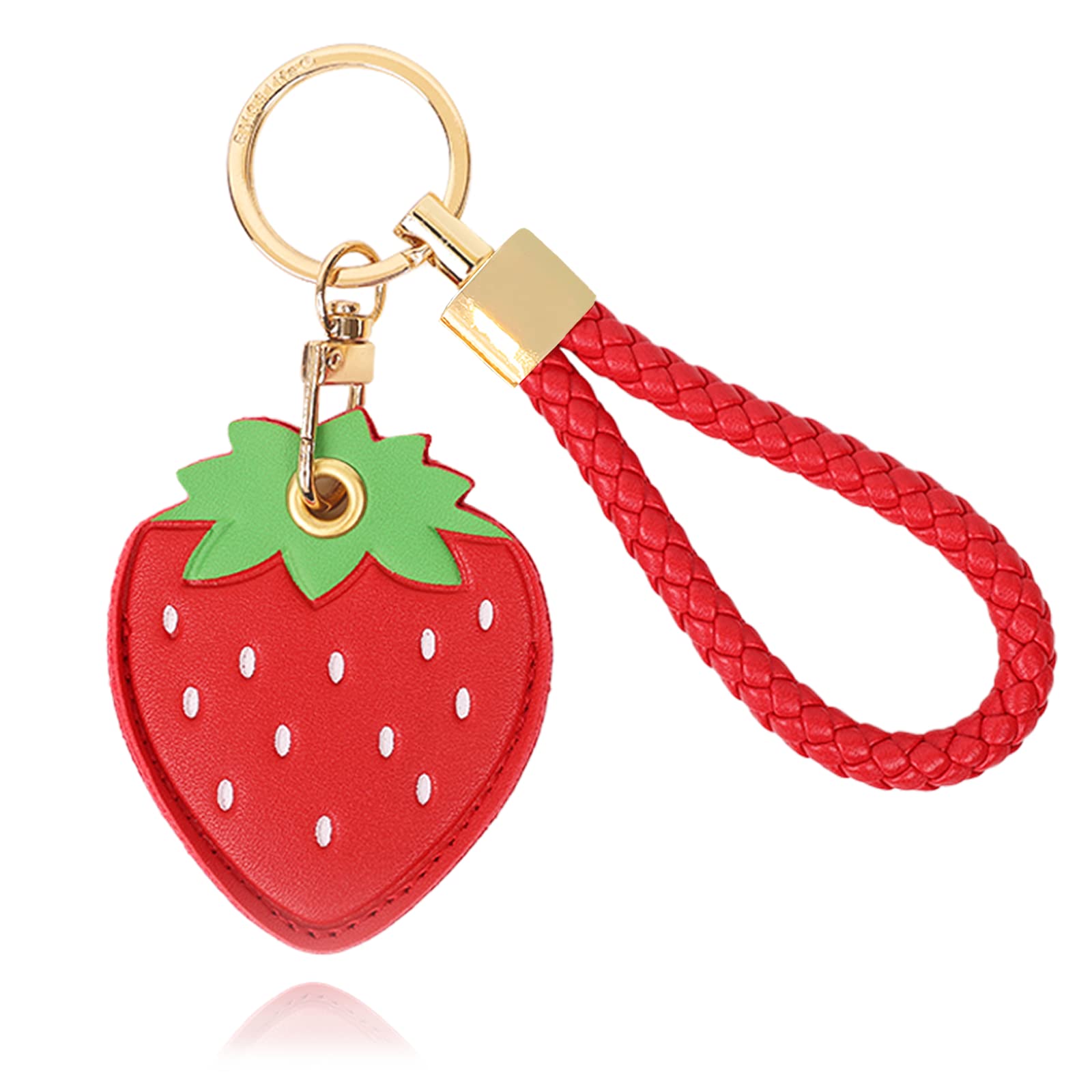 Leather Keychain Protective Cover Compatible with Apple AirTag, GPS Air Tag Tracker Holder with Braided Rope Keychain, Anti-Scratch Finder Airtag Case Accessories for Backpack Keys(Strawberry)