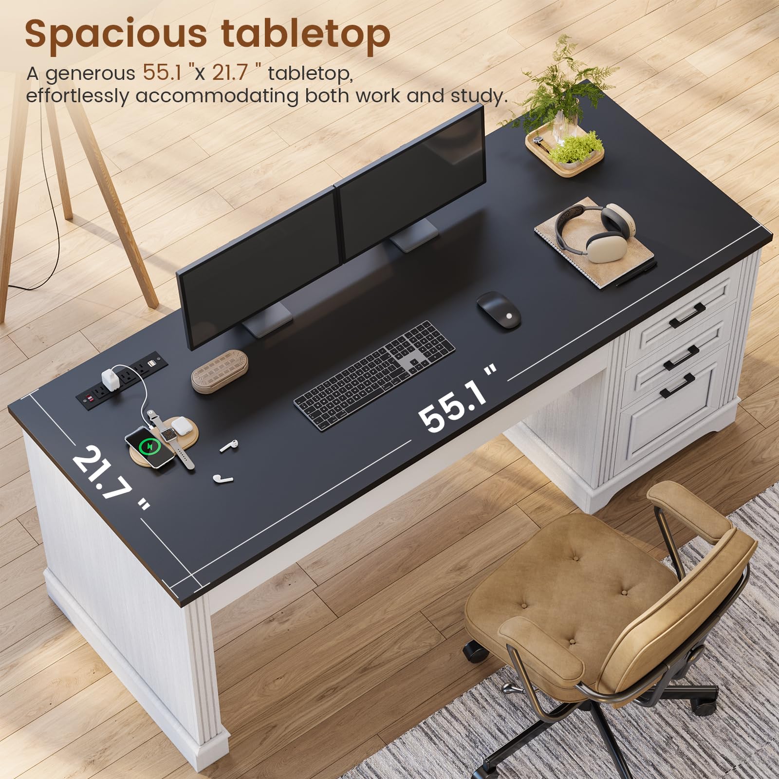 Itaar Farmhouse 55" Executive Desk, Computer Desk with Storage Drawers and Power Outlet, Home Office Desk, Workstation for Office Home, White