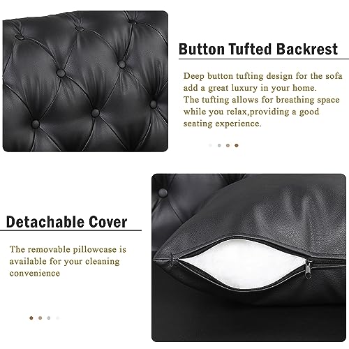 P PURLOVE Modern 3 Seater Sofa with Sturdy Metal Legs, PU Upholstered 3 Seater Sofa with Button Tufted Back, 3 Seater Sofa Couch for Living Room,Bedroom, Small Space, Black