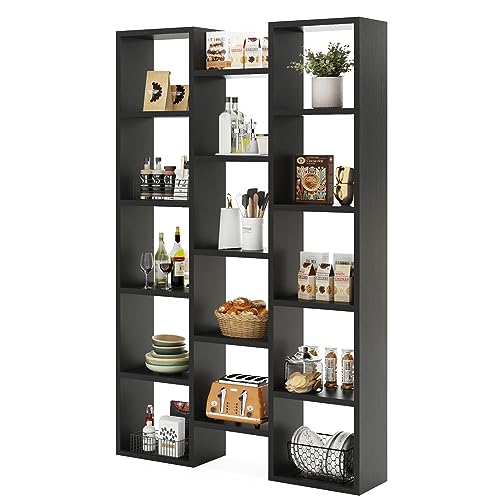LITTLE TREE 14-Cube Bookshelf, 5-Tier Bookcase with Open Shelves, Retro Wood Storage Organizer Display Shelf, Horizontal/Vertical Storage Shelving Unit for Bedroom, Living Room, Office, Black
