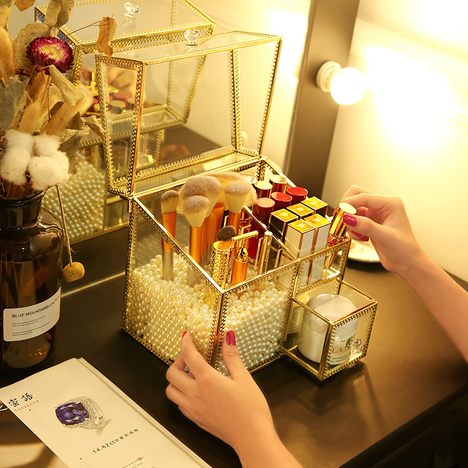 Large Glass Makeup Organizer Drawer Set Beauty Storage Bathroom Counter Organizer Cosmetic Display Jewelry Display Holder with 1300 pearls (16inx8.3inx4.3in)