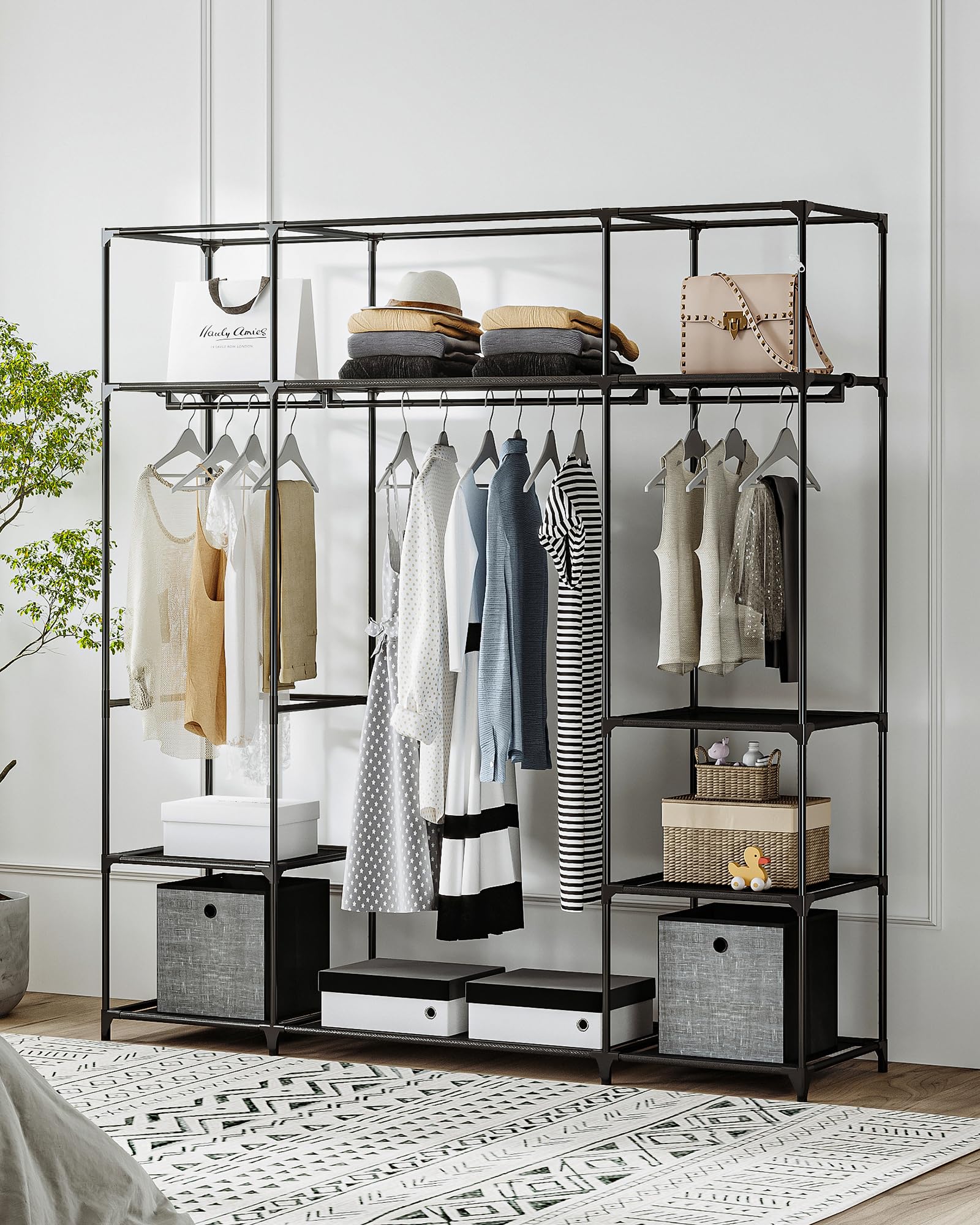 Hzuaneri Closet Wardrobe, 64-inch Portable Closet for Bedroom, 3 Clothes Rail with 9 Compartments Shelves, Freestanding Clothes Storage Organizer for Cloakroom, Black WH0203