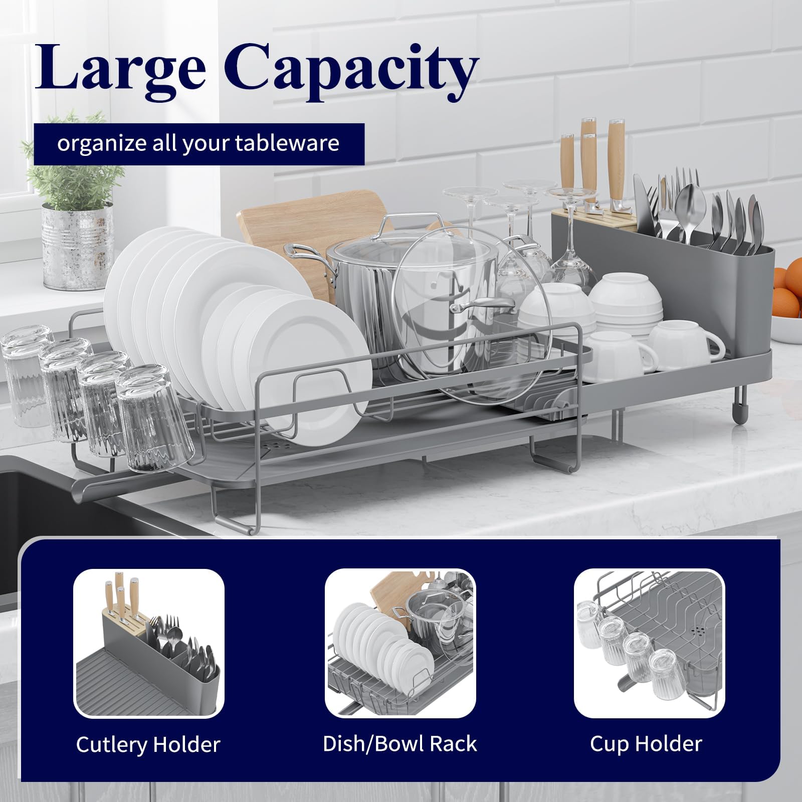 Kitsure Extendable Dish Rack, Large Drying Dish Rack with Cutlery & Cup Holders, Dish Racks for Kitchen Counter, Multifunctional Dish Racks for Counter with Drainage 27" L x 12.9" W, Grey