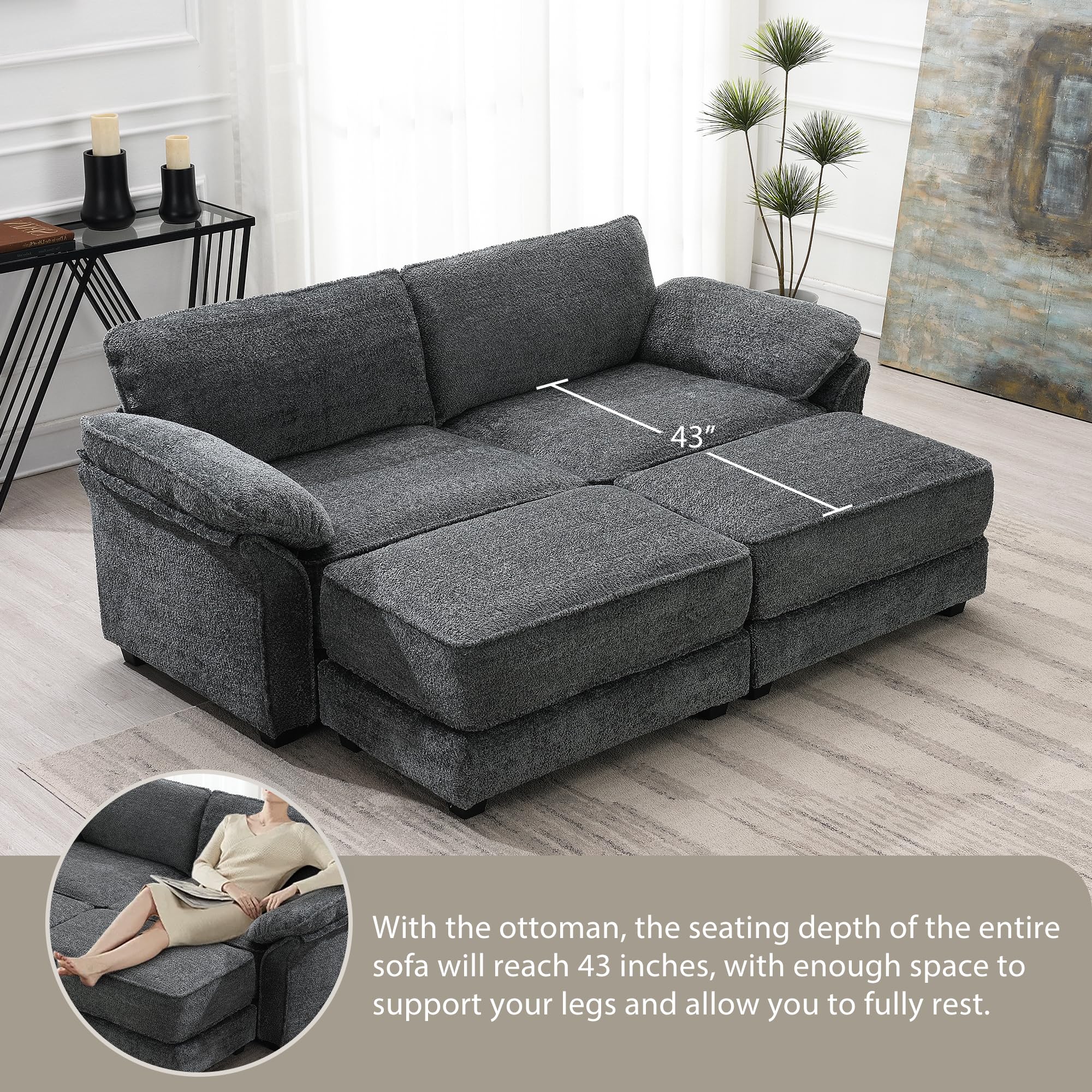 KIVENJAJA 81” Oversized Loveseat with 2 Ottomans, Comfy Chenille Modular Sectional Cloud Couch, Double Chaise Sleeper Sofa Bed for Living Room Apartment Small Space, Grey