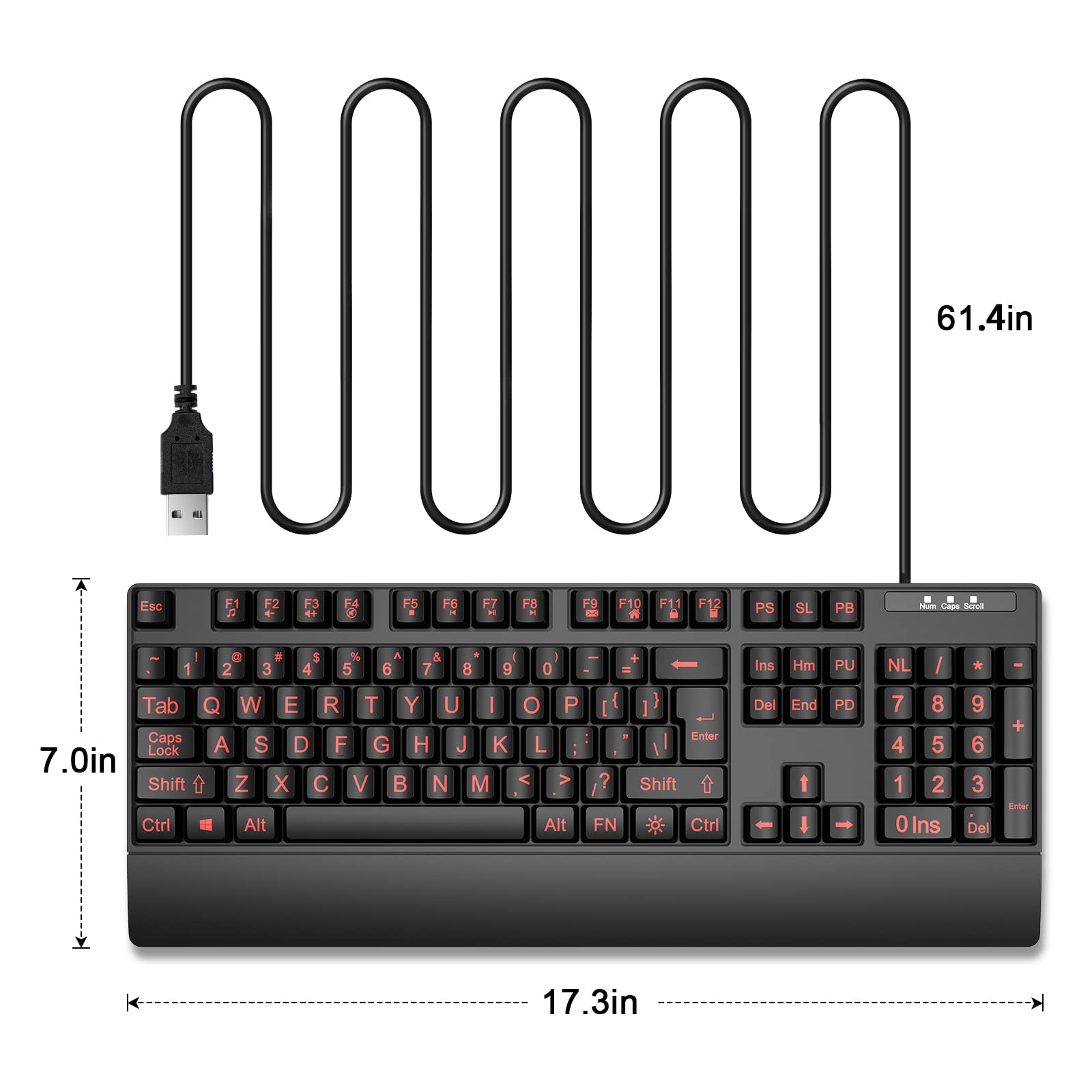 Large Print Keyboard Backlit, Wired USB High Contrast Keyboard, Full Size Large Font Print Keyboard with White Illuminated LED Compatible for Kids Elderly or Visually Impaired