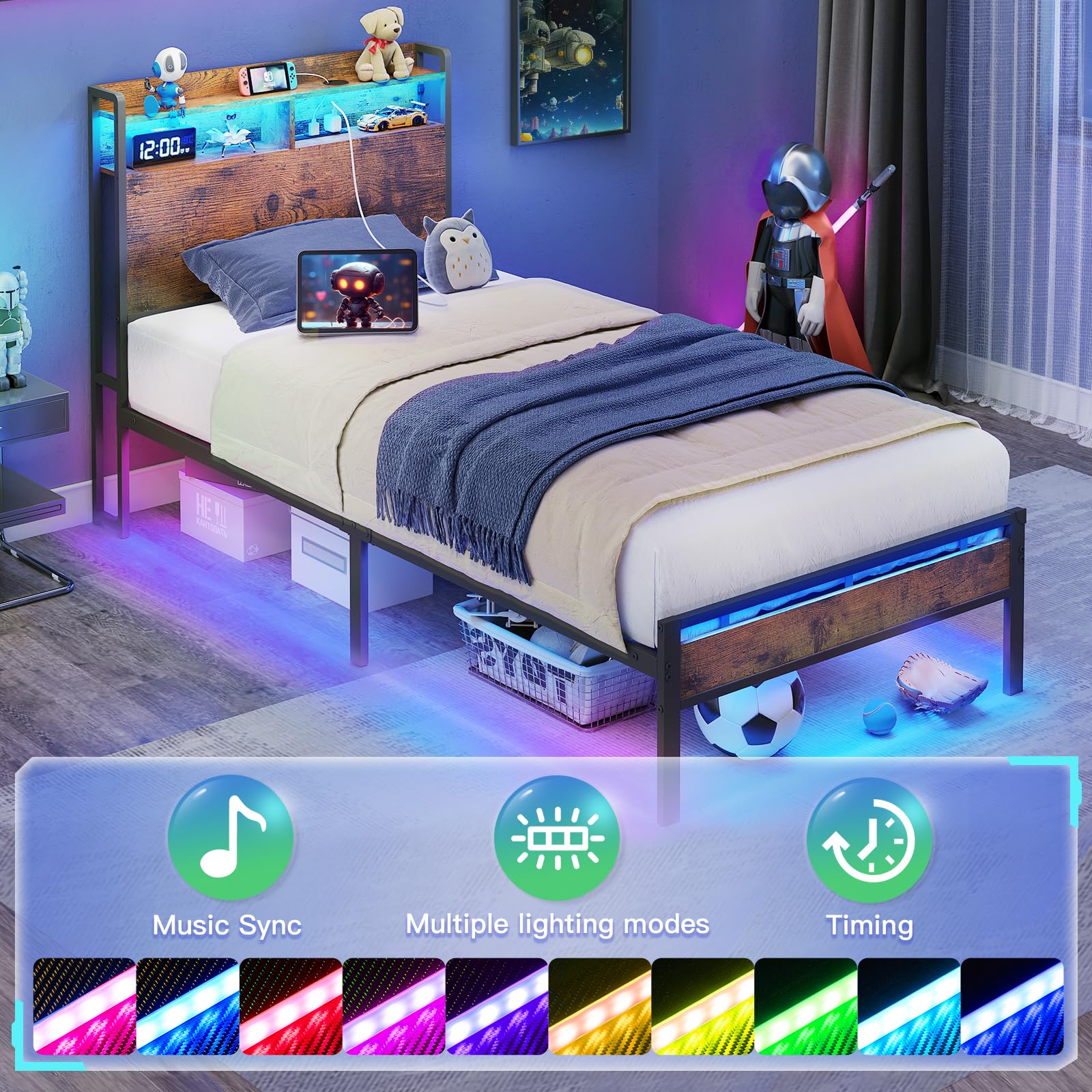 KKL Twin Bed Frames, Storage Headboard with Charging Station, RGB Light Strips, Solid and Stable, Noise Free, No Box Spring Needed, Easy Assembly, Rustic Brown