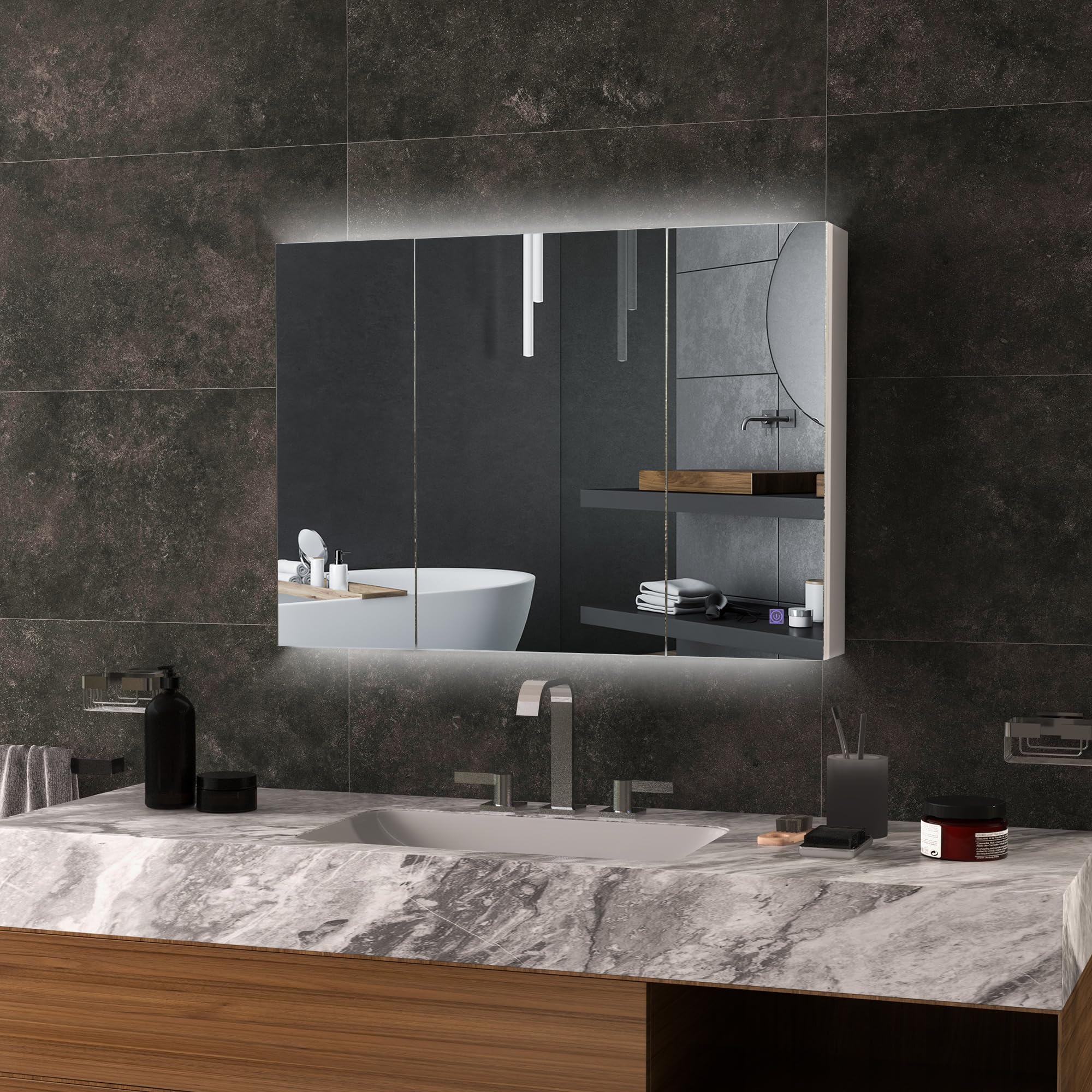 kleankin Lighted Medicine Cabinet with Mirror, 26" x 36" Wall Mounted Bathroom Mirror with Storage, 3-Color Bathroom Wall Cabinet with USB Charge, Adjustable Shelf, High Gloss White