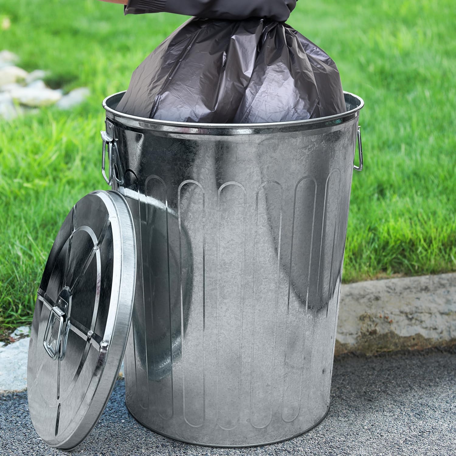 Plexon Trash can with lid - Pre-Galvanized Trash Can with Lid Round, Steel, 20gal, Gray, Sold as 2 Pack - Metal Trash can - Outdoor Garbage can with lid - Galvanized 2 Trash cans with 2 lids, Grey