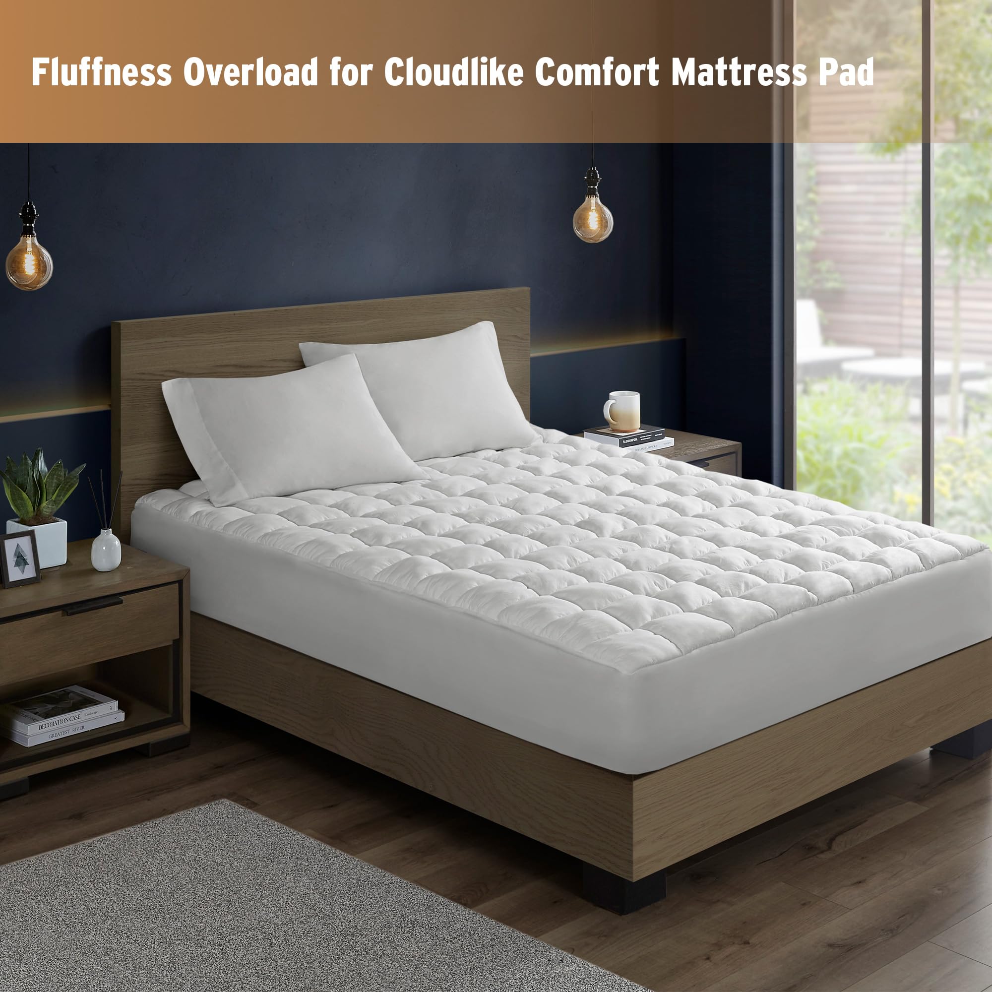 Intelligent Design Twin Mattress Pad, Overfilled High Density Down Alternative Fill, Extra Fluffy 3D Puff Mattress Topper Soft Microfiber Mattress Cover, Fitted Pocket Fits Up to 18", Queen, White