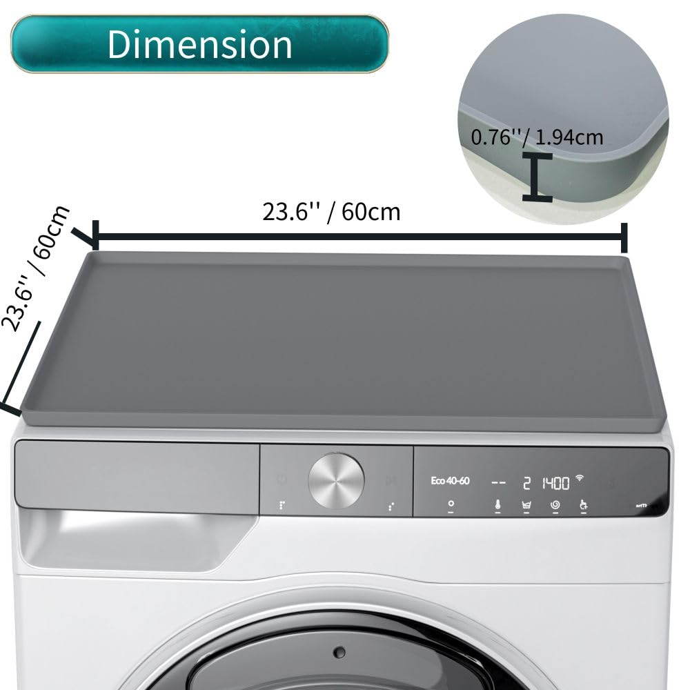 Iycnkok Washer and Dryer Top Cover Mat - 23.6''x 23.6'' Silicone Protector for Washing Machine Countertop - Non-Slip Rubber Waterproof Dustproof Ideal for Laundry Kitchen - Gray 2 Pack