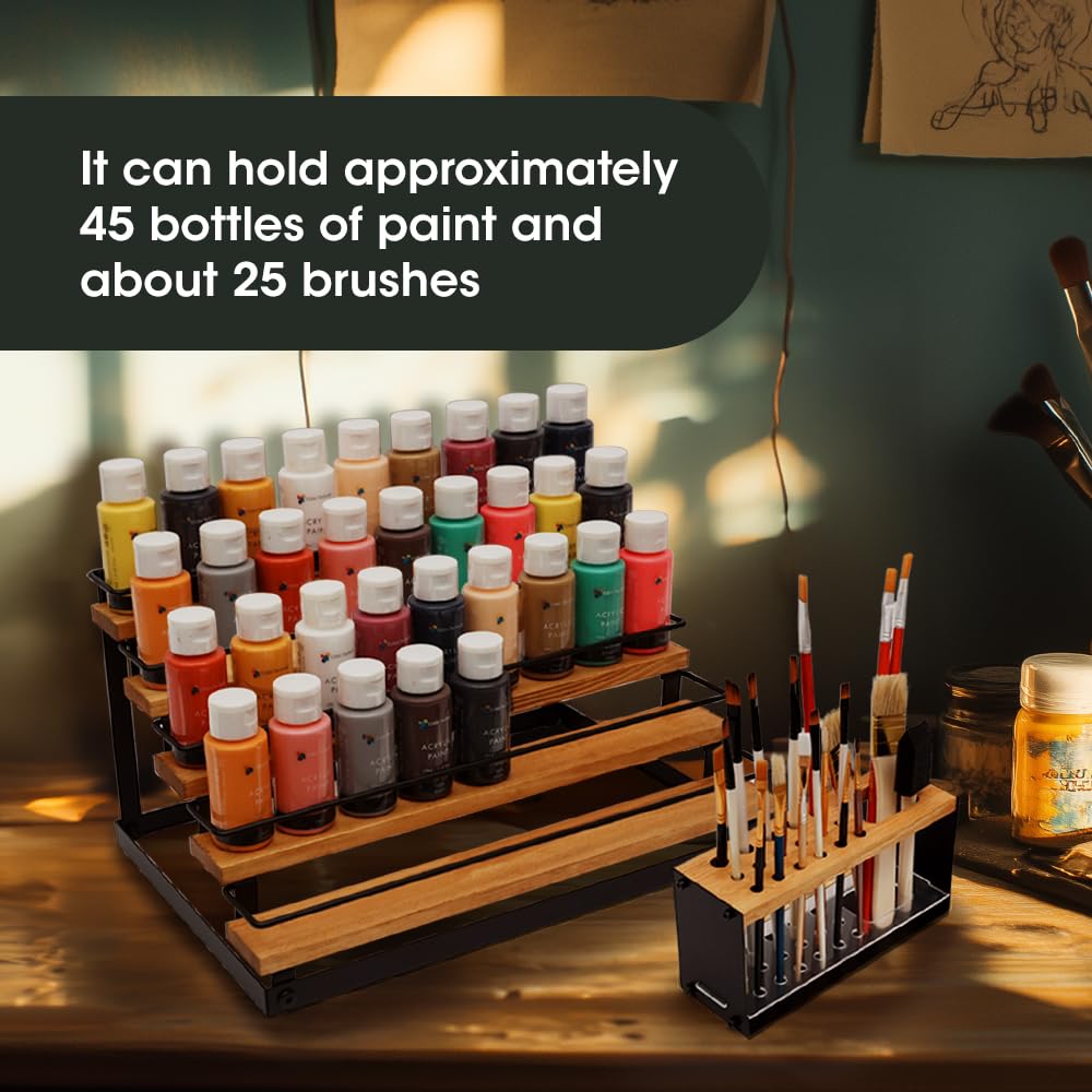 J JACKCUBE DESIGN Craft Paint & Brush Organizer 5 Tier Storage Rack, Holds 50 Citadel, Vallejo Paint Bottles and 17 Paint Brushes Tools Holder (Black) -MK1031A