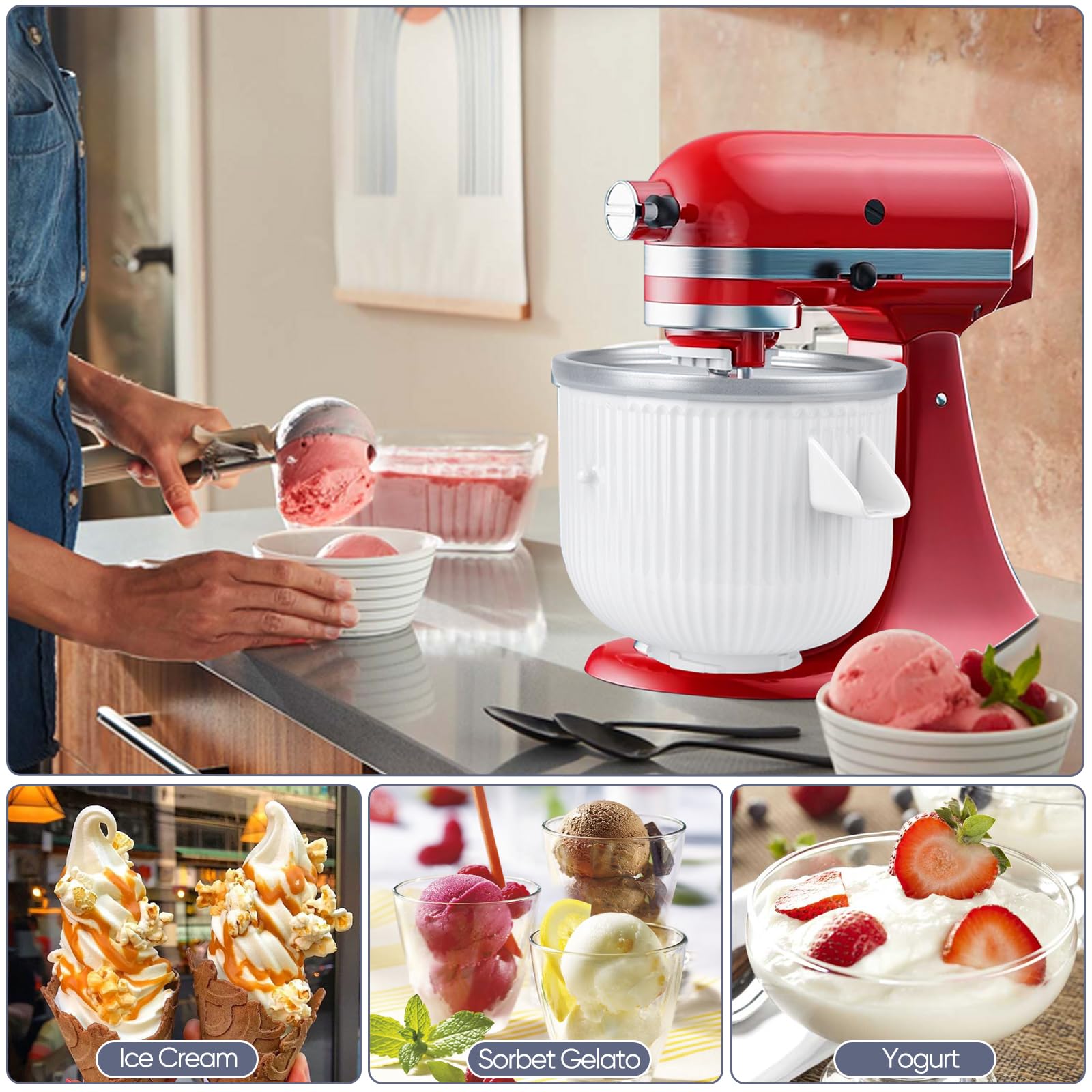 Ice Cream Maker Attachment for Kitchenaid Stand Mixer,2-Quart Frozen Yogurt - Ice Cream & Sorbet Gelato Maker,Fits 4.5 5 6 7qt Kitchenaid Stand Mixer
